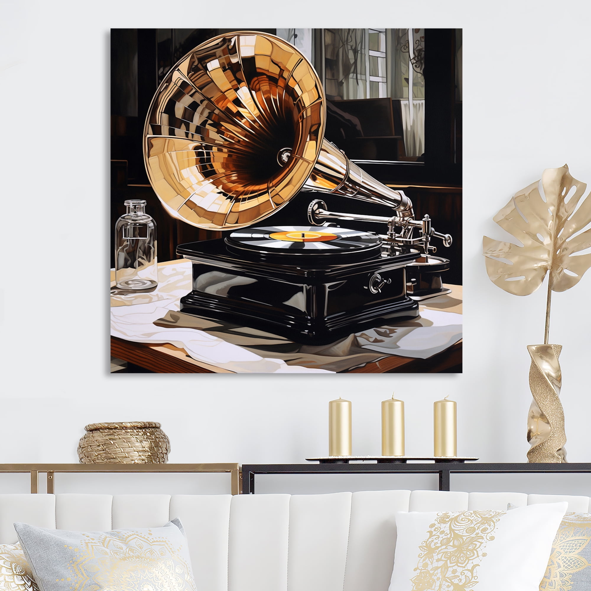 Designart "Reflections of Gold Black Phonograph" Music Wall Art Living ...