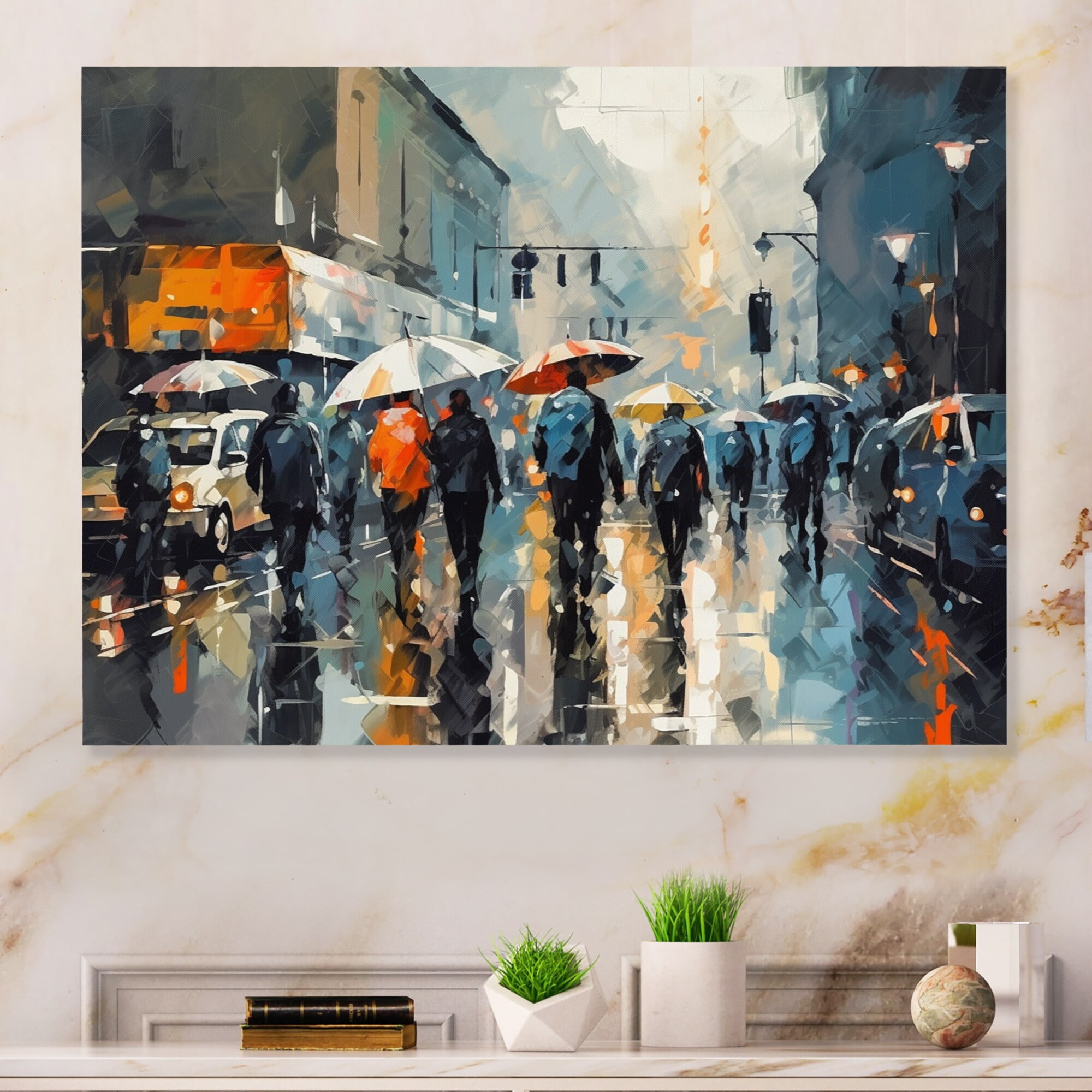 Designart "Reflections of a Rainy Day in Blue and Grey" City Art Deco ...