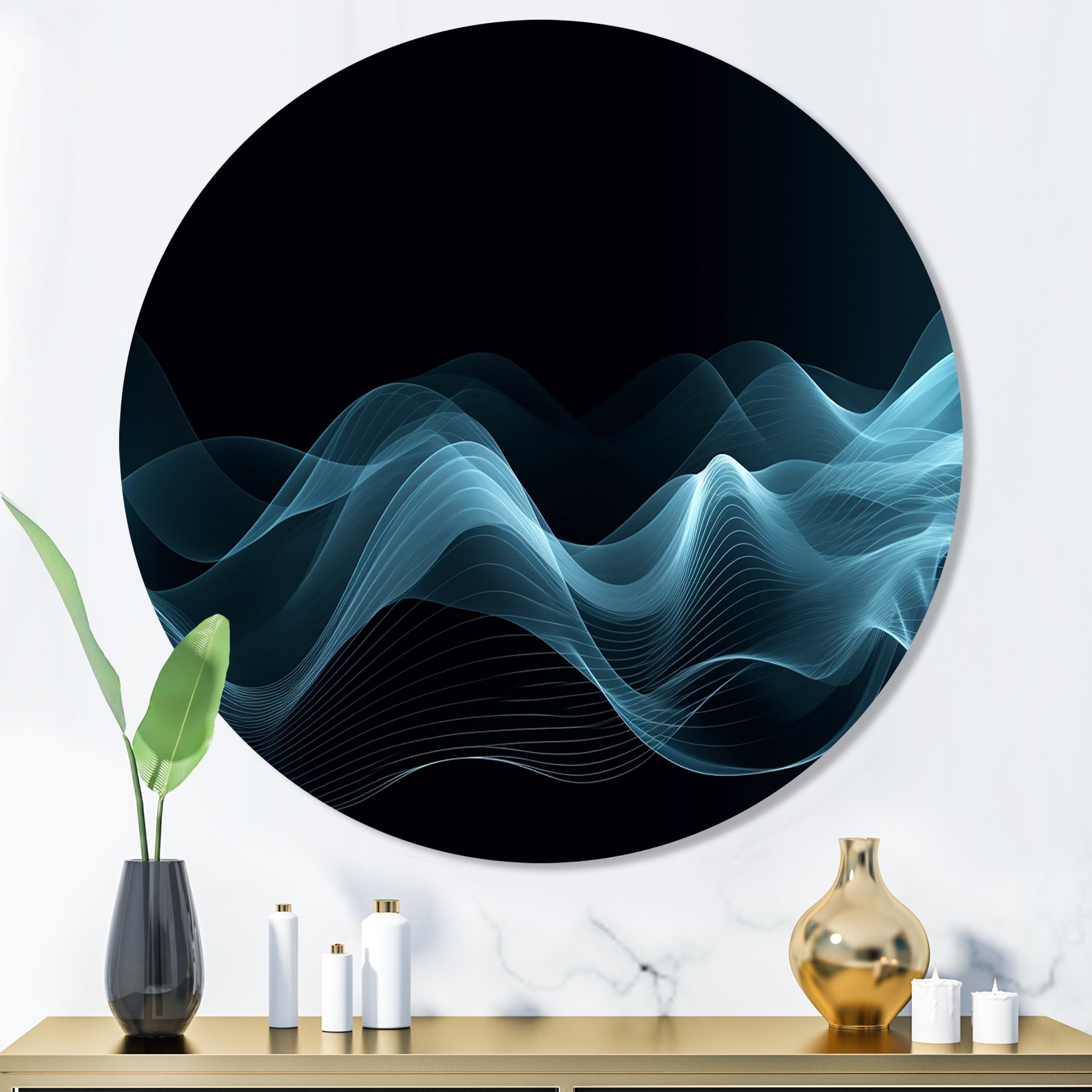 Designart "Reflective Abyss Blue and Black II" Modern Waves Round Metal ...
