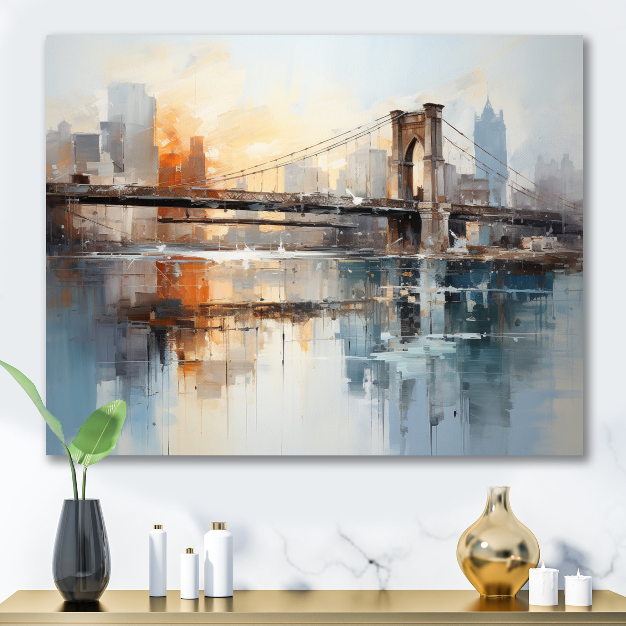 Designart "Reflective Connections Beige Bridge" Architecture Canvas ...