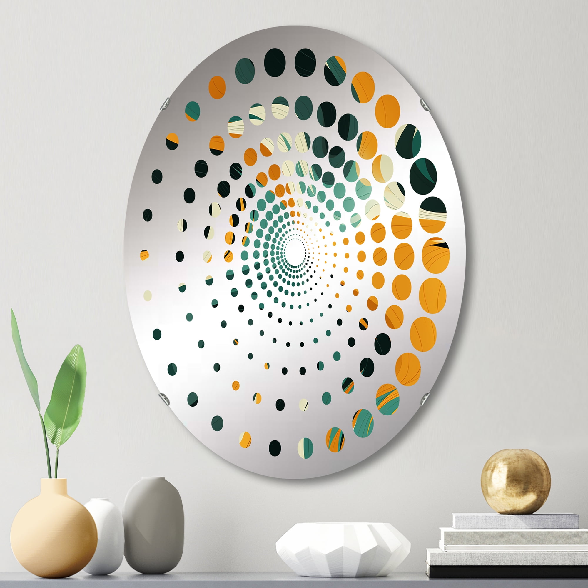 Designart "Regal Jungle in Orange and Green" Abstract Spiral Dot Round ...
