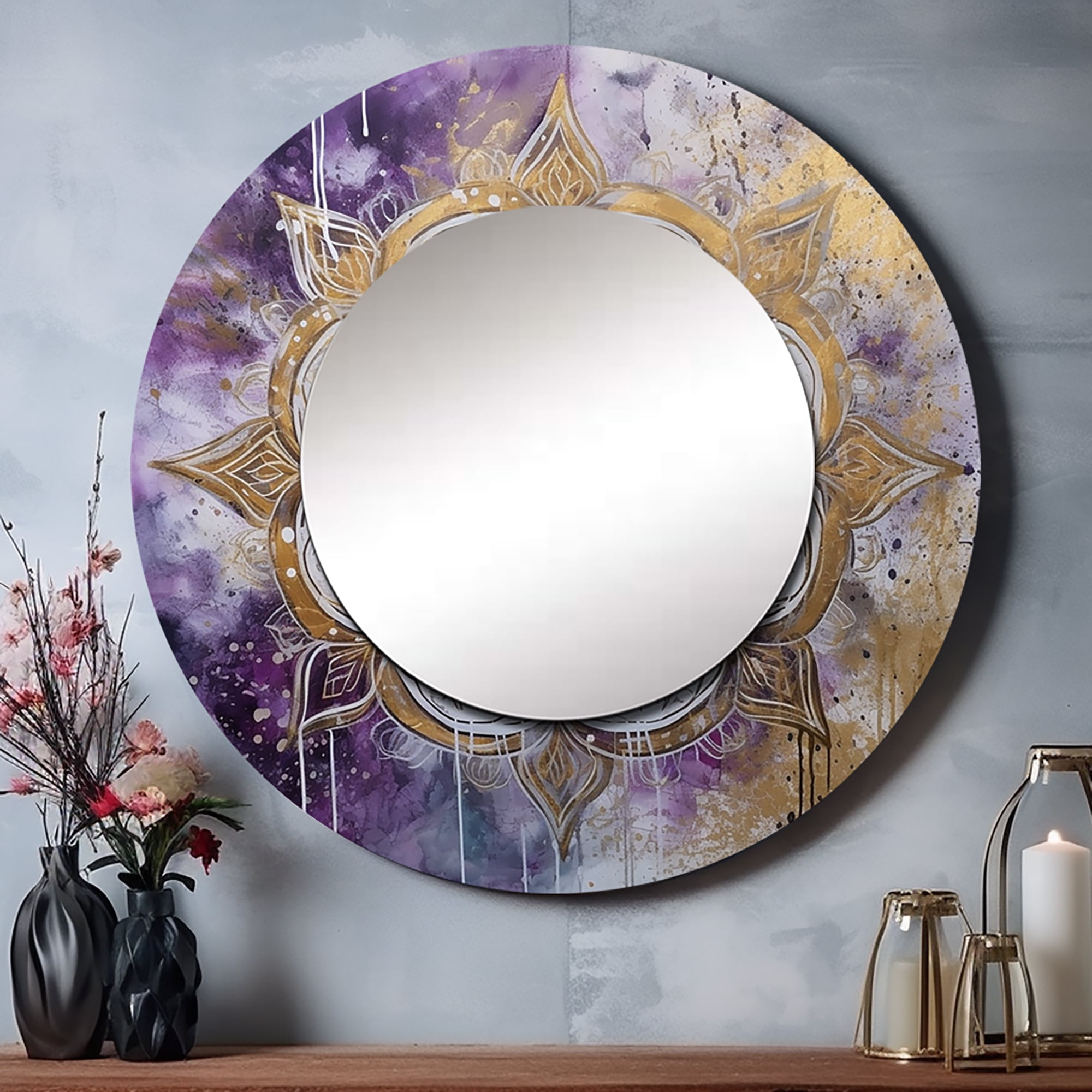 Designart "Regal Purple and Gold Mandala I" Boho Mandala Round Mirror ...