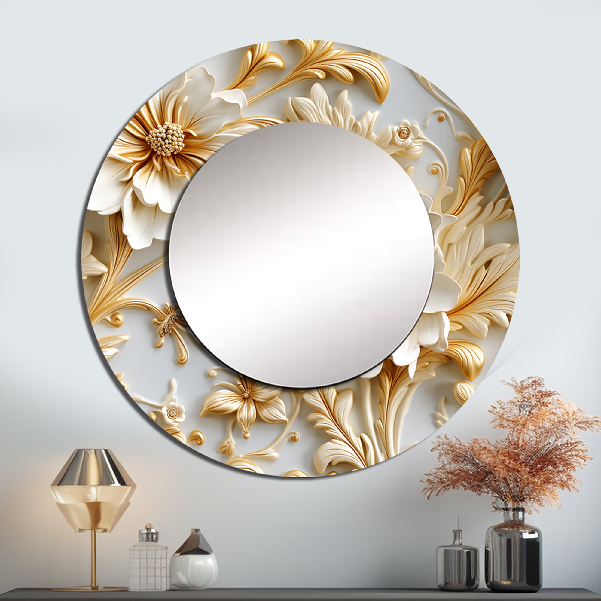 Designart "Regal Serenity In Gold And White I" Damask Rund Mirror For ...
