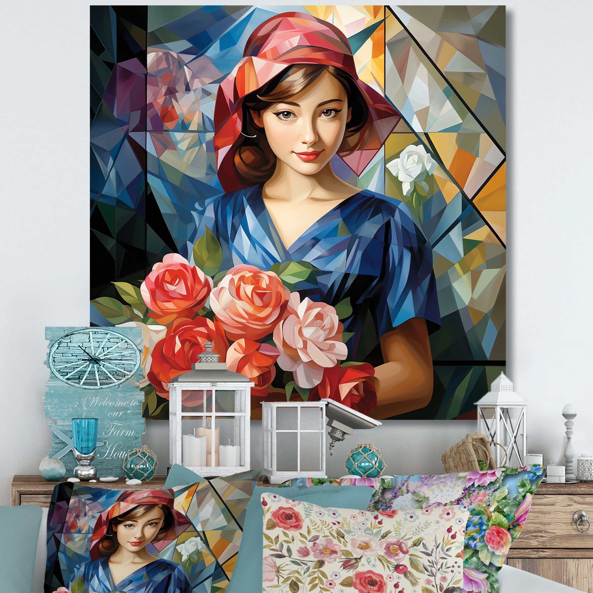 Designart "Reimagined Colorful Mona Lisa" Fashion Wall Art - Glam Blue ...
