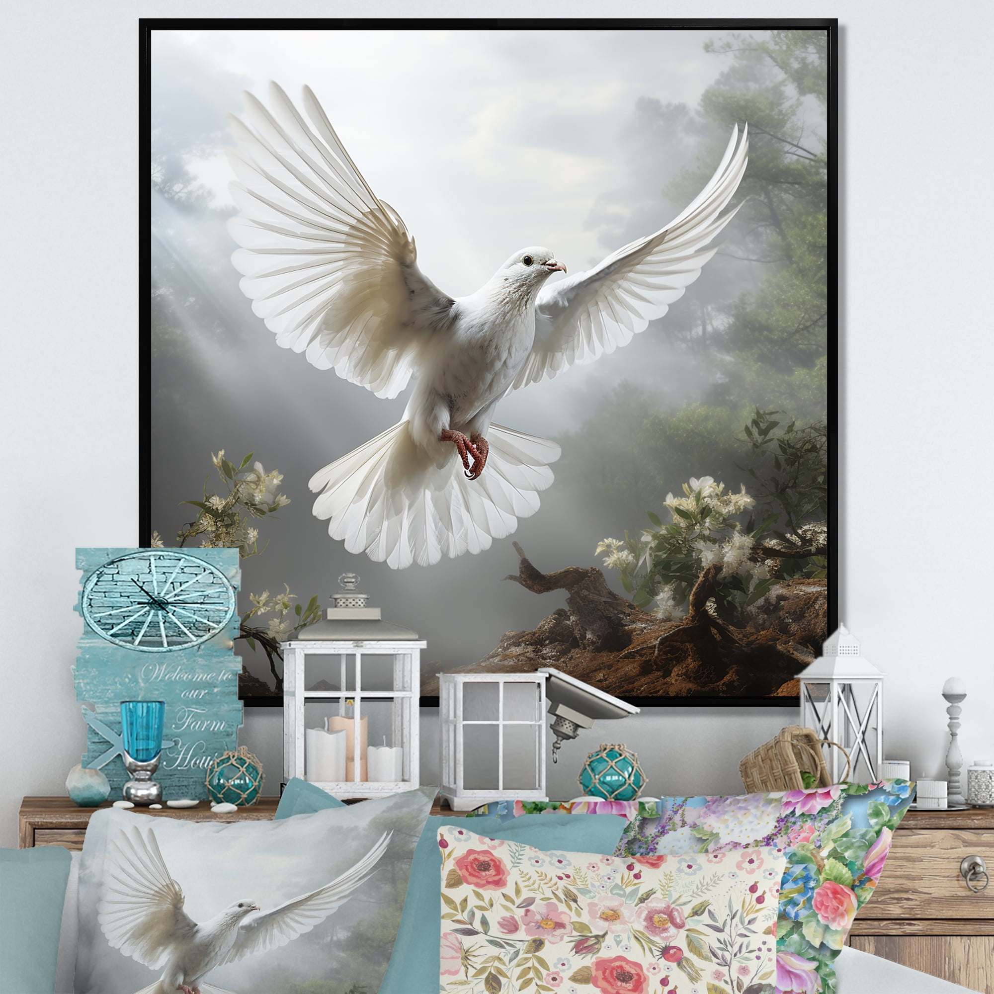 Designart "Religious Dove Above Clouds" Animals Framed Wall Art - White ...