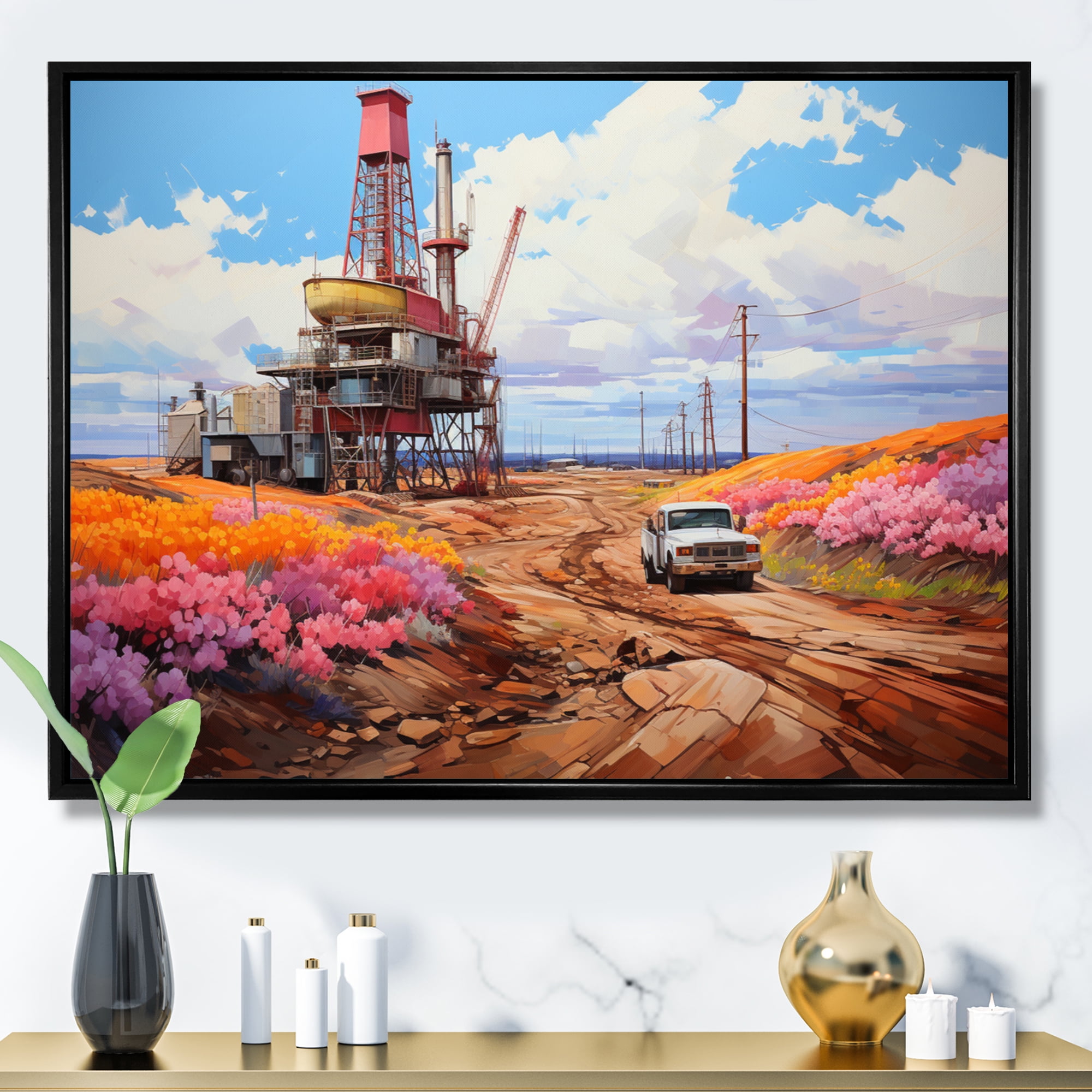 Designart "Resonance of Pink Oil Rigs" Oil Rigs / Fields Floater Framed ...