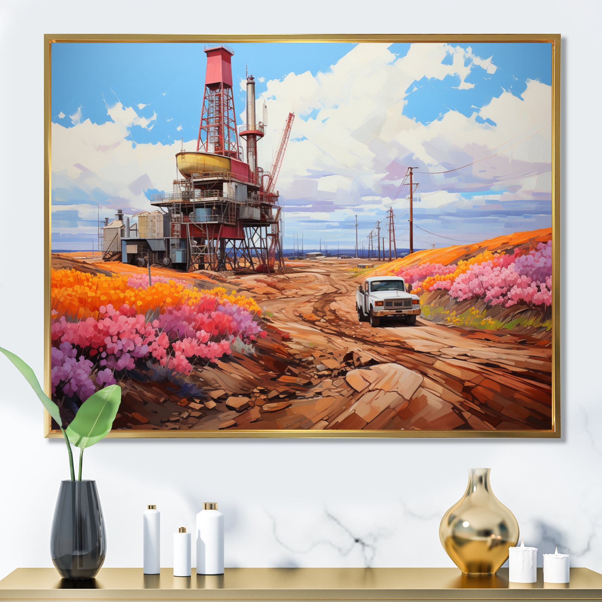 Designart "Resonance of Pink Oil Rigs" Oil Rigs / Fields Floater Framed ...