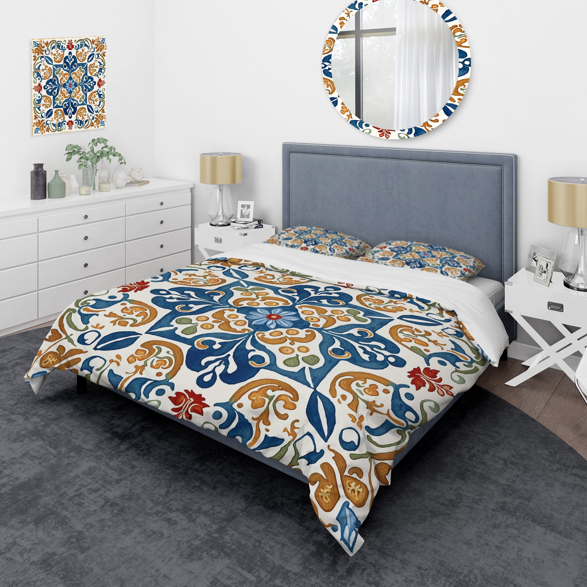 Designart "Retro Blue Mediterranean Tiles VII" Abstract Tile Bedding ...