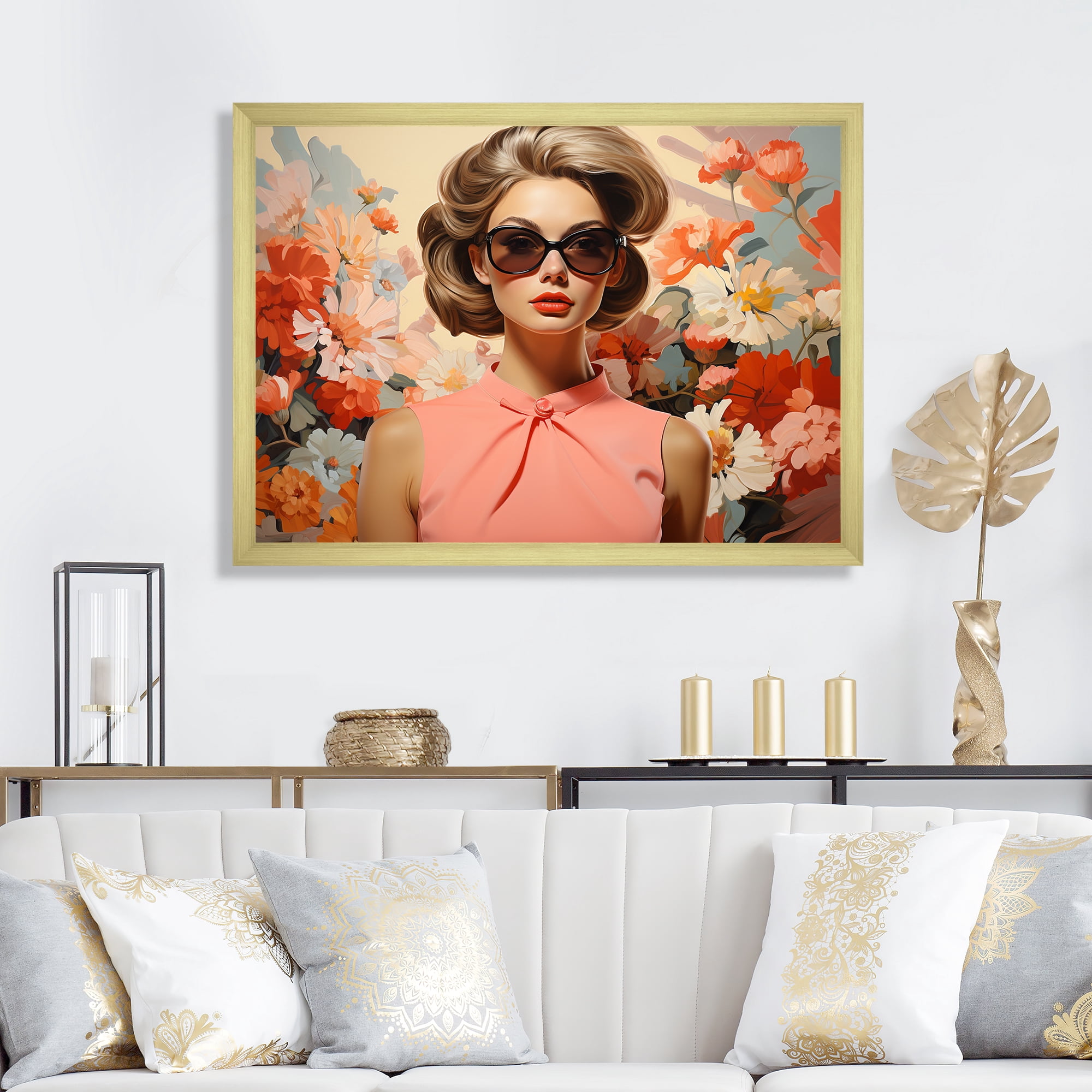 Designart "Retro Elegance Mid Century Woman with Floral Pattern I ...