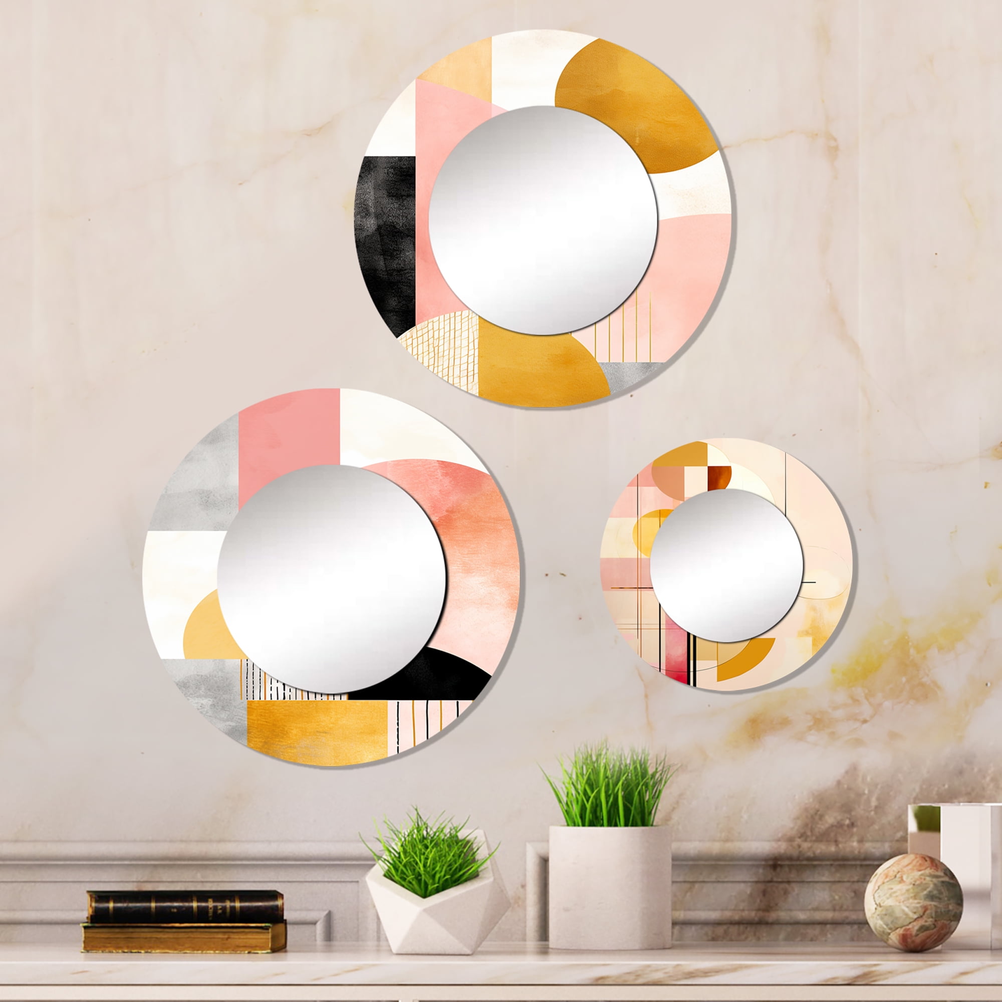 Designart "Retro Geometry Pink Gold Full Moon Bloom III" Modern Round ...