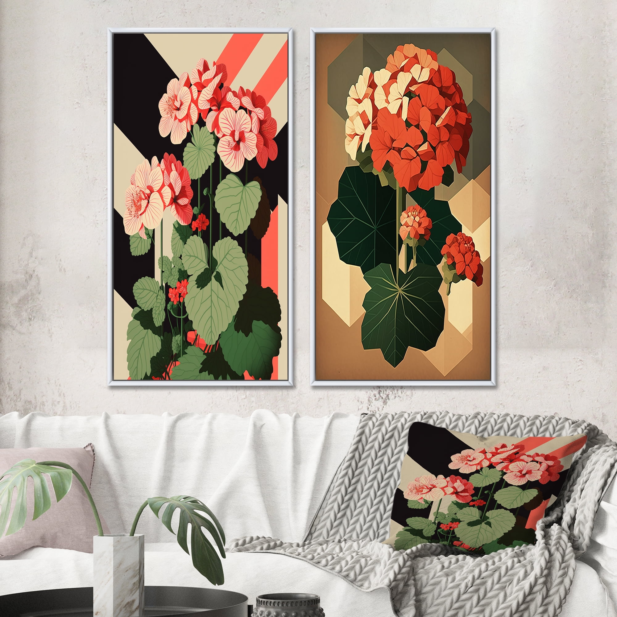 Designart "Retro Geranium Blooming in Red and Green I" Floral Framed ...