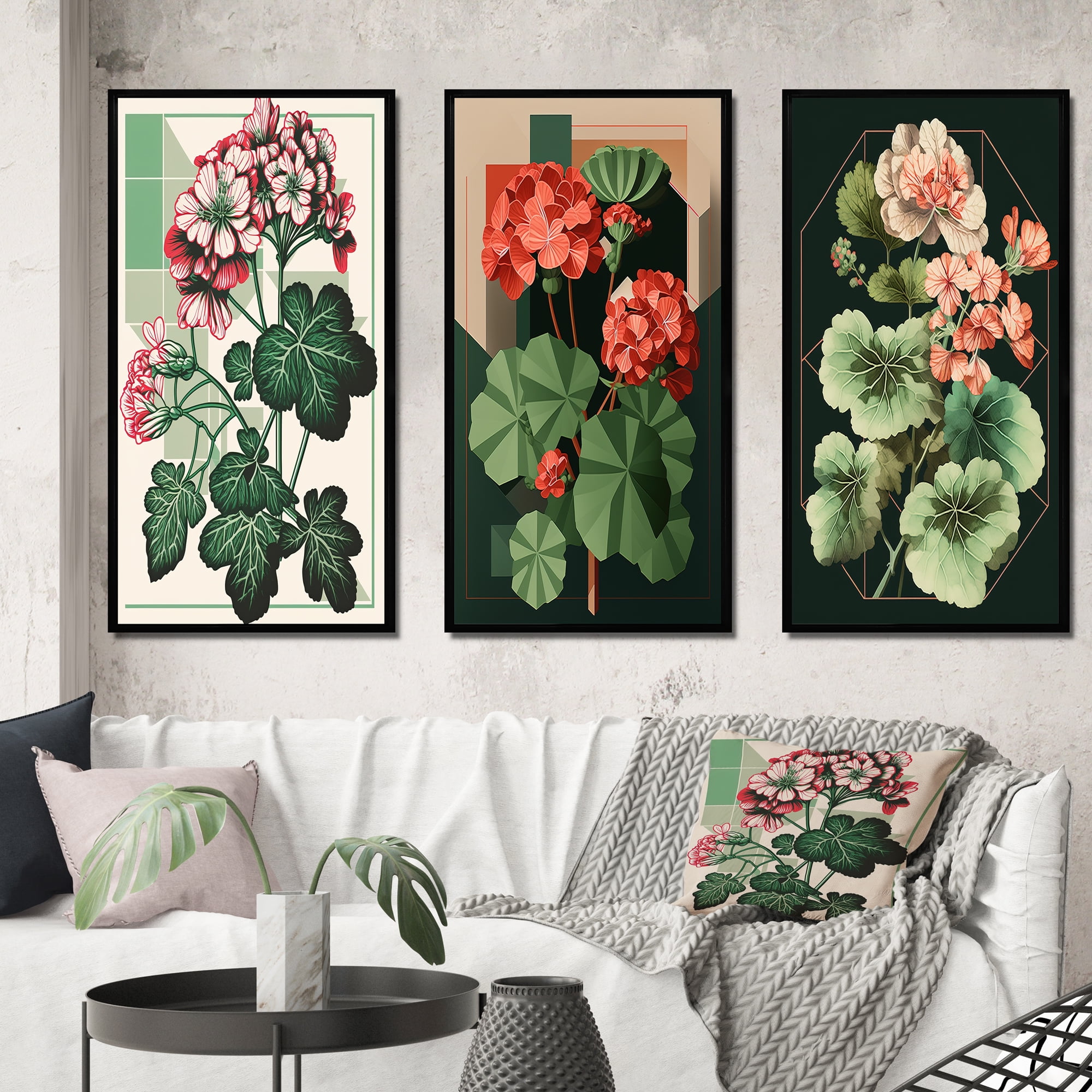 Designart "Retro Geranium Blossoming in Retro Colors I" Floral Framed ...