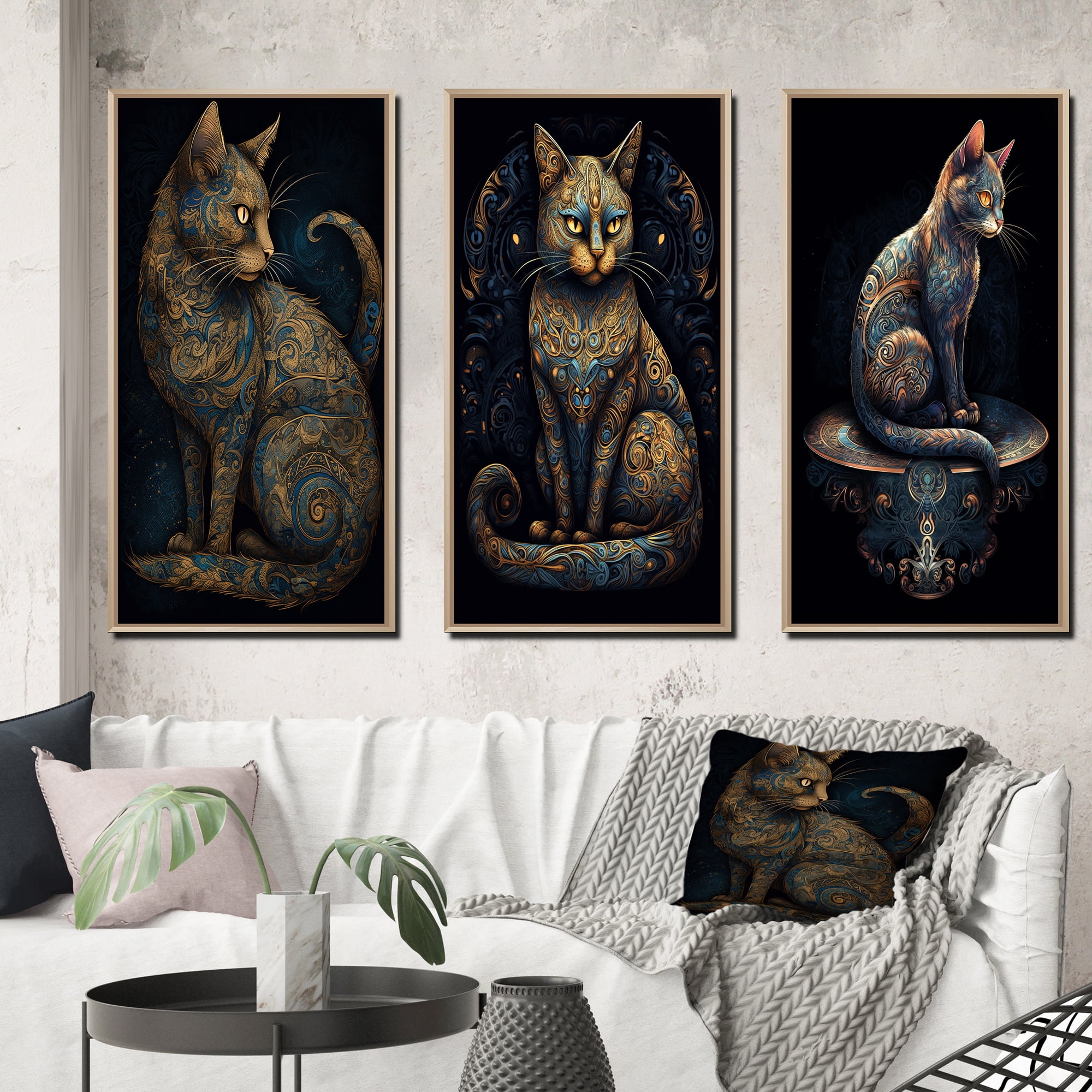 Designart "Retro Glamorous Gold Cat II" Animals Cat Framed Wall Art Set ...