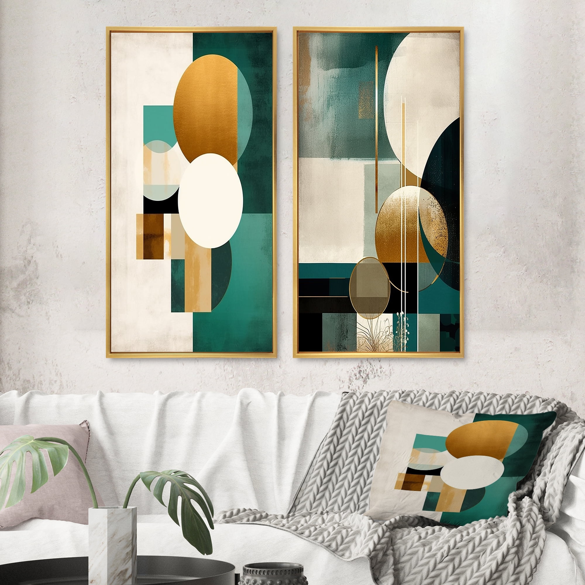 Designart "Retro Gold and Teal Full Moon Grace II" Modern Geometric ...