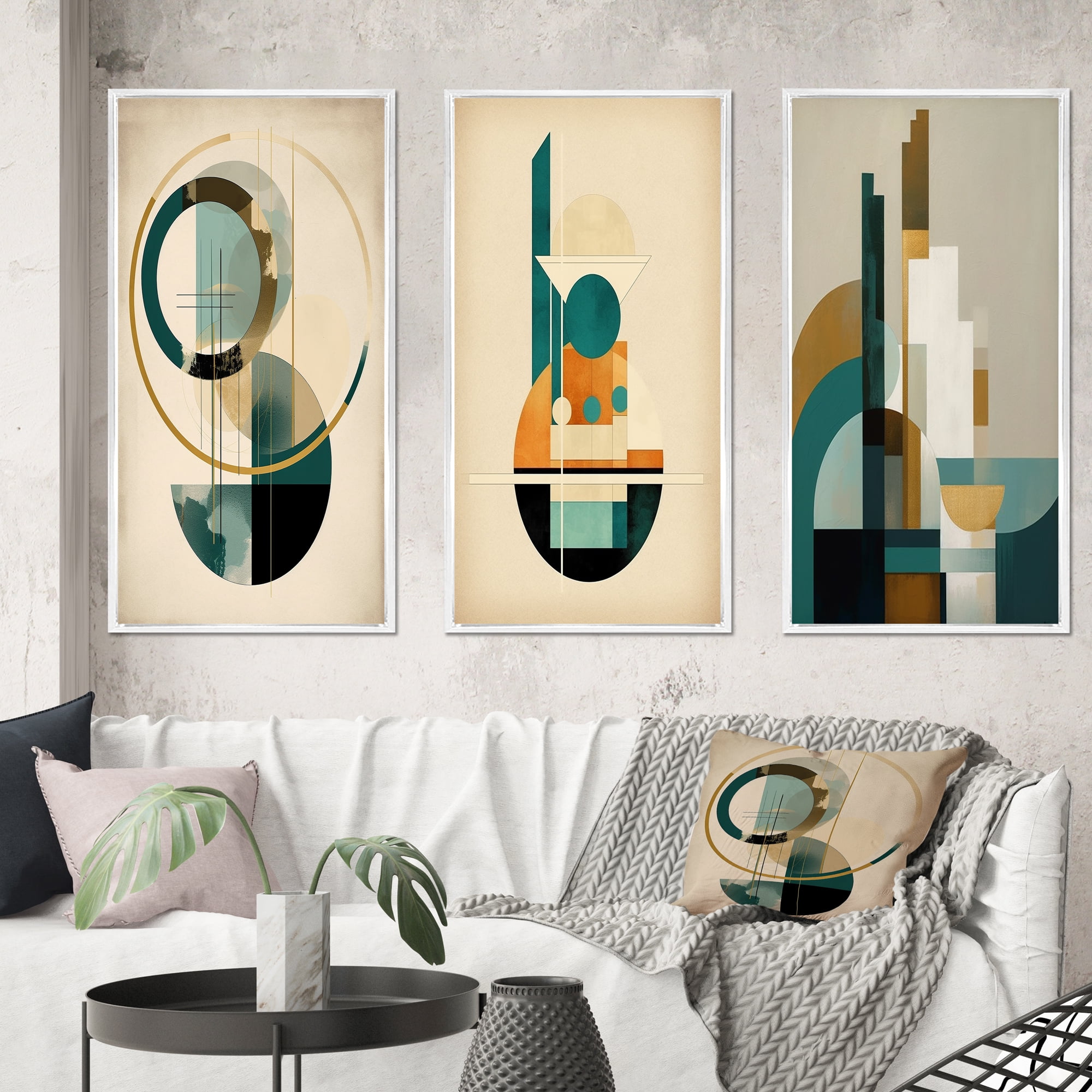 Designart "Retro Gold and Teal Full Moon Grace" Modern Geometric Framed ...