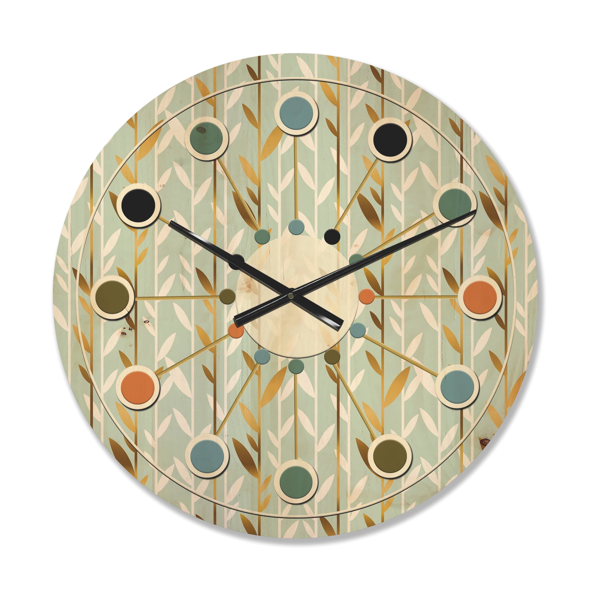 Designart 'Retro Golden Foliage I' Mid-Century Modern Wood Wall Clock ...