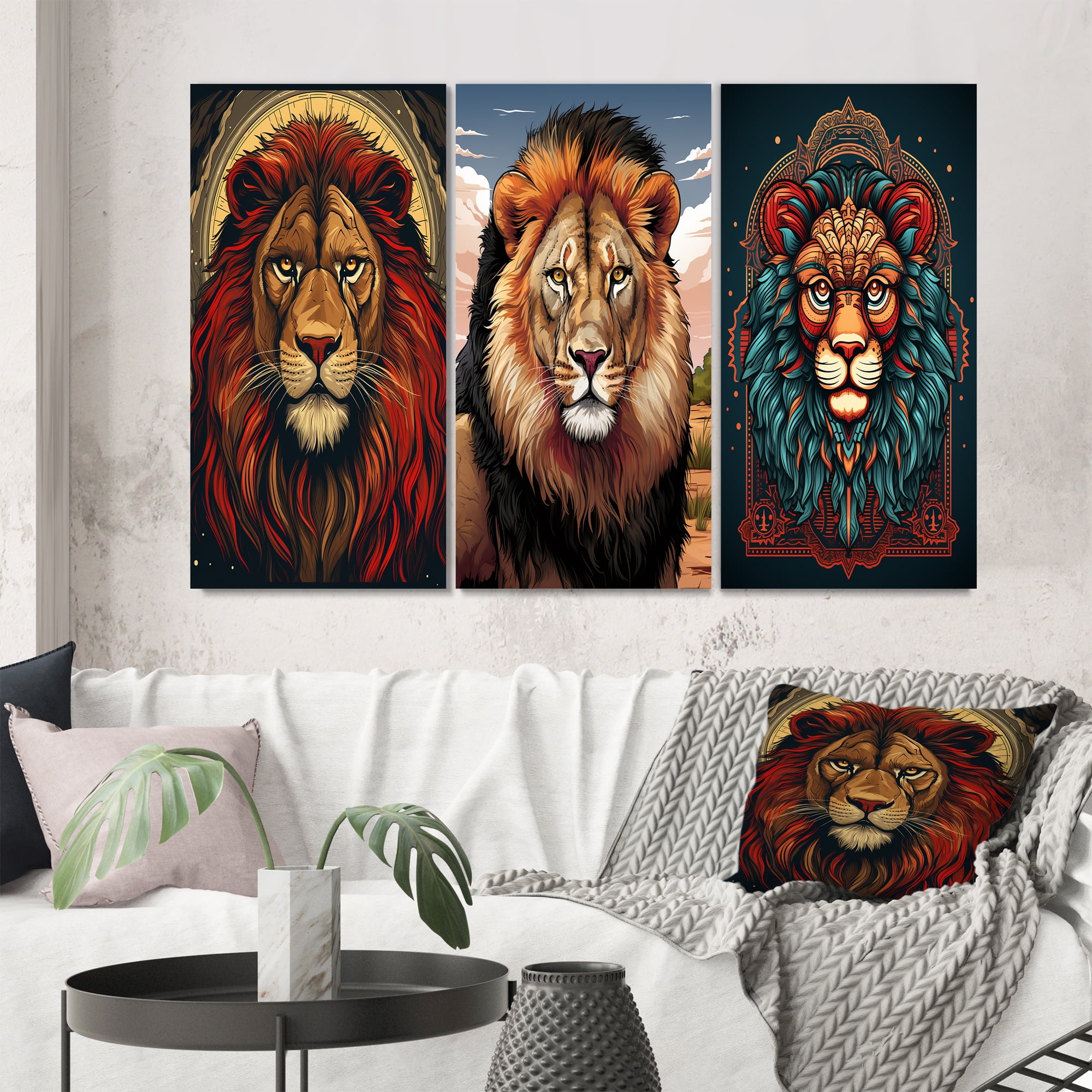 Designart "Retro Illustration Wild Lion Portrait III" Animals Lion Wall ...