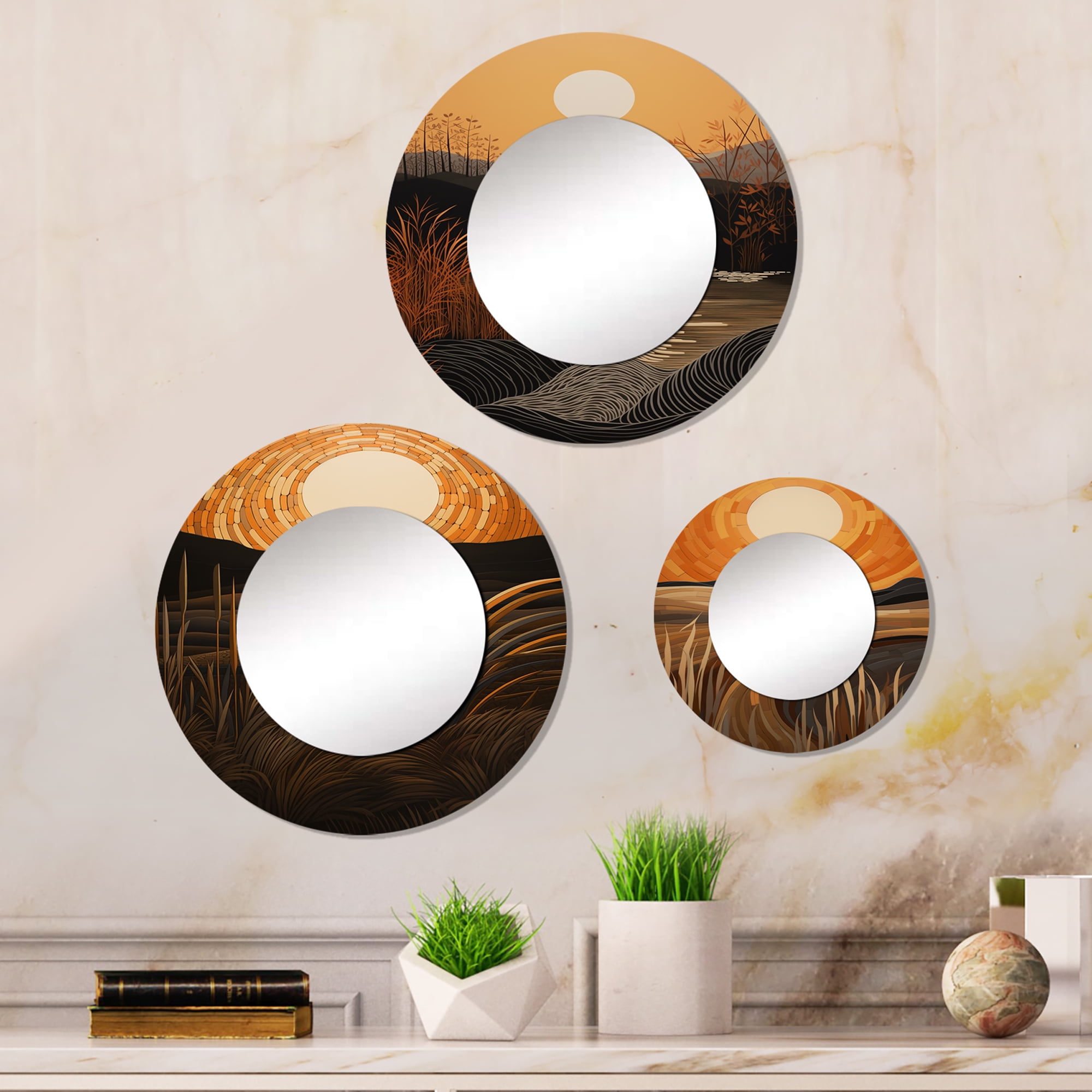 Designart "Retro Mountain Meadows Golden Sunset III" Meadow Round ...