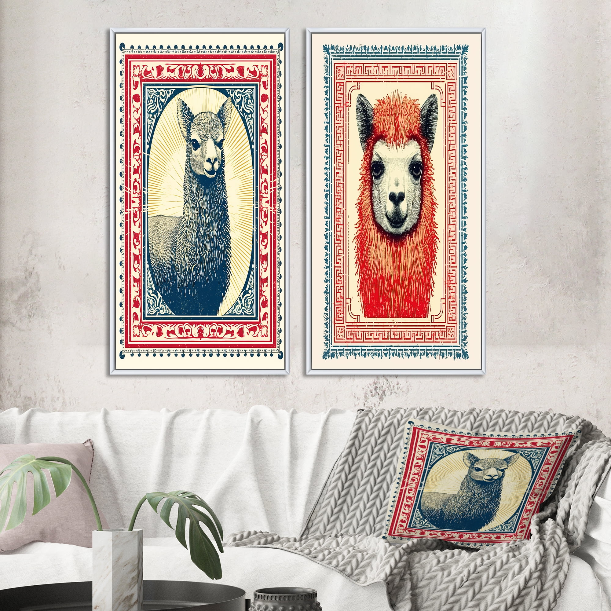 Designart "Retro Stamp Alpaca Portrait Illustration III" Alpaca Framed ...