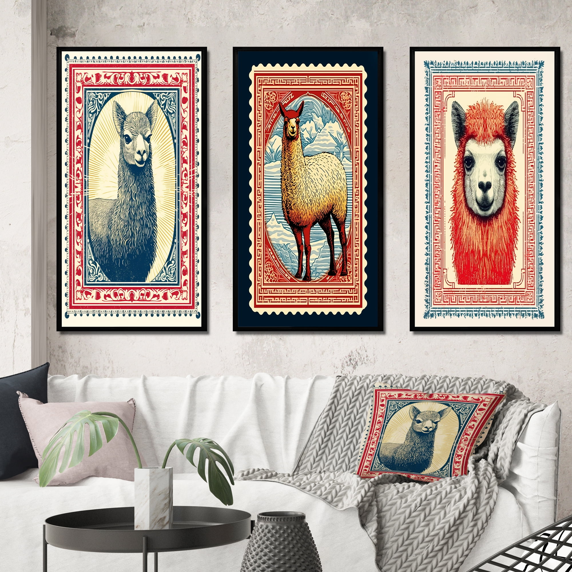 Designart "Retro Stamp Alpaca Portrait Illustration III" Alpaca Framed ...