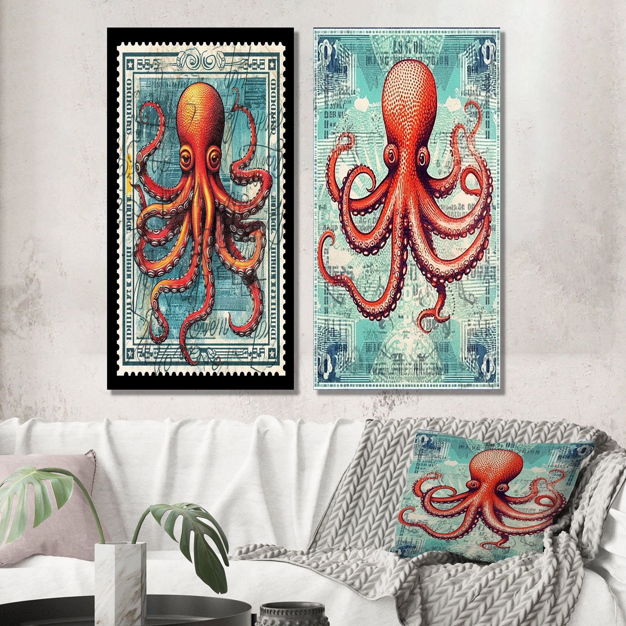 Designart "Retro Stamp Red Octopus Portrait I" Animals Octopus Wall Art ...