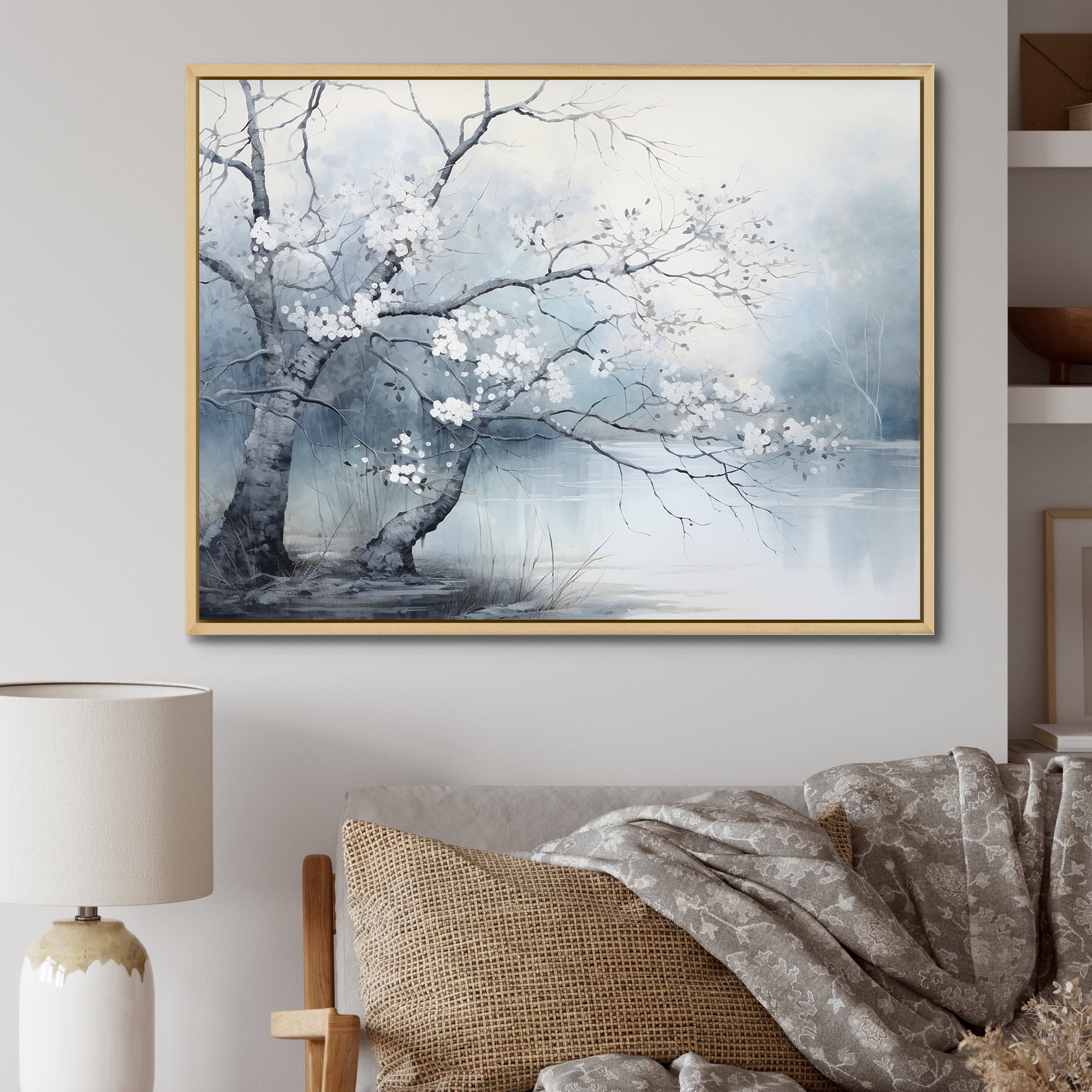 Designart "Reverie Tree White and Grey" Landscape Trees Floater Framed ...