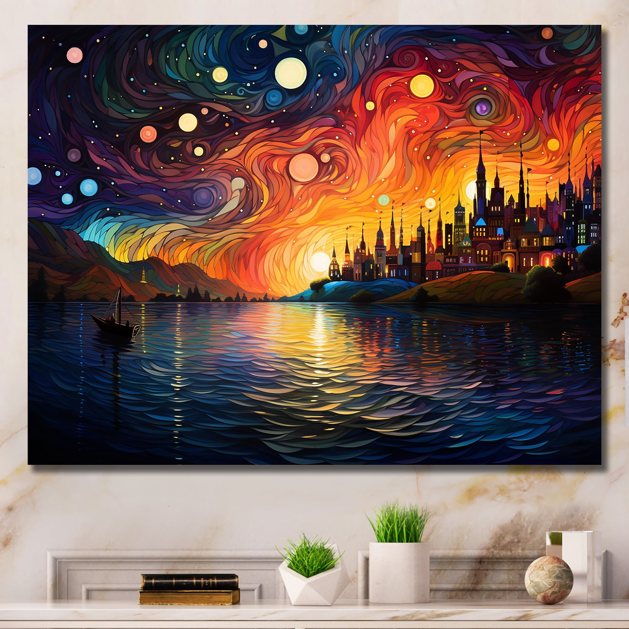 Designart "Rhone River under Starry Night in France II" Oversized ...