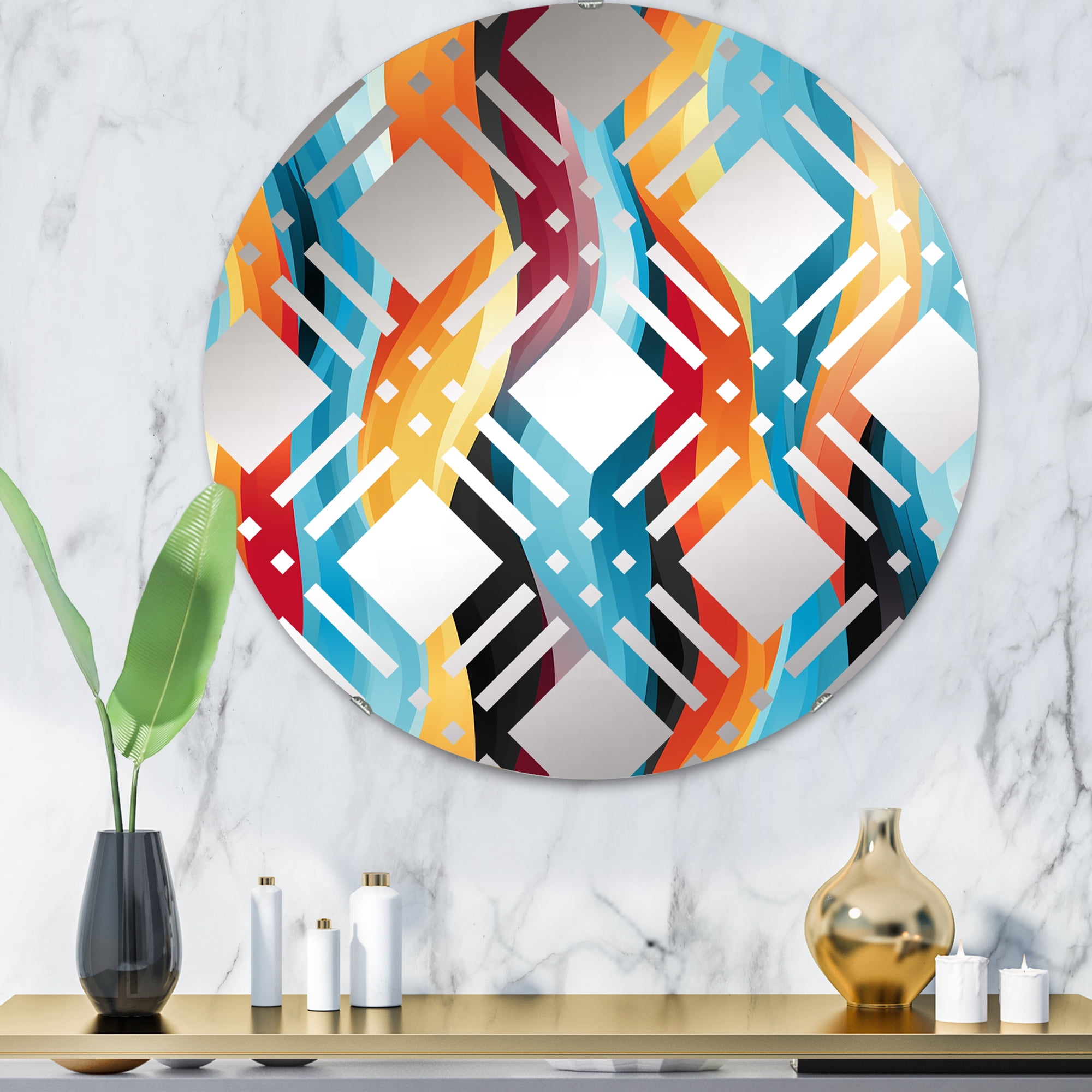 Designart "Rhythmic Rainbow Stripes in Pop Art II" Striped Plaid Round ...