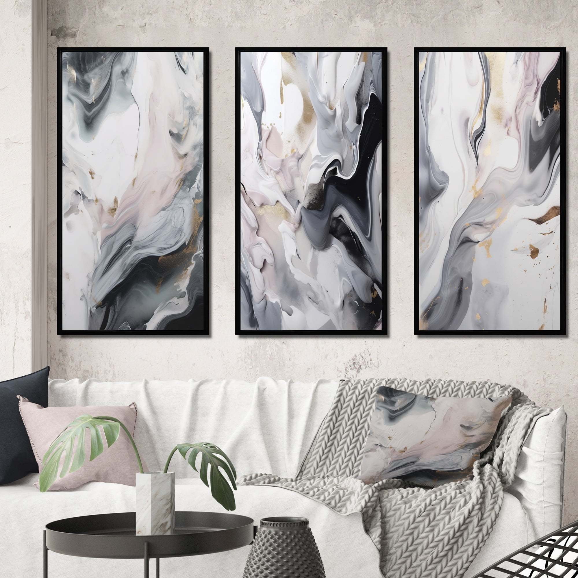 Designart "Ripples of Stone White and Grey I" Abstract Marble Framed ...