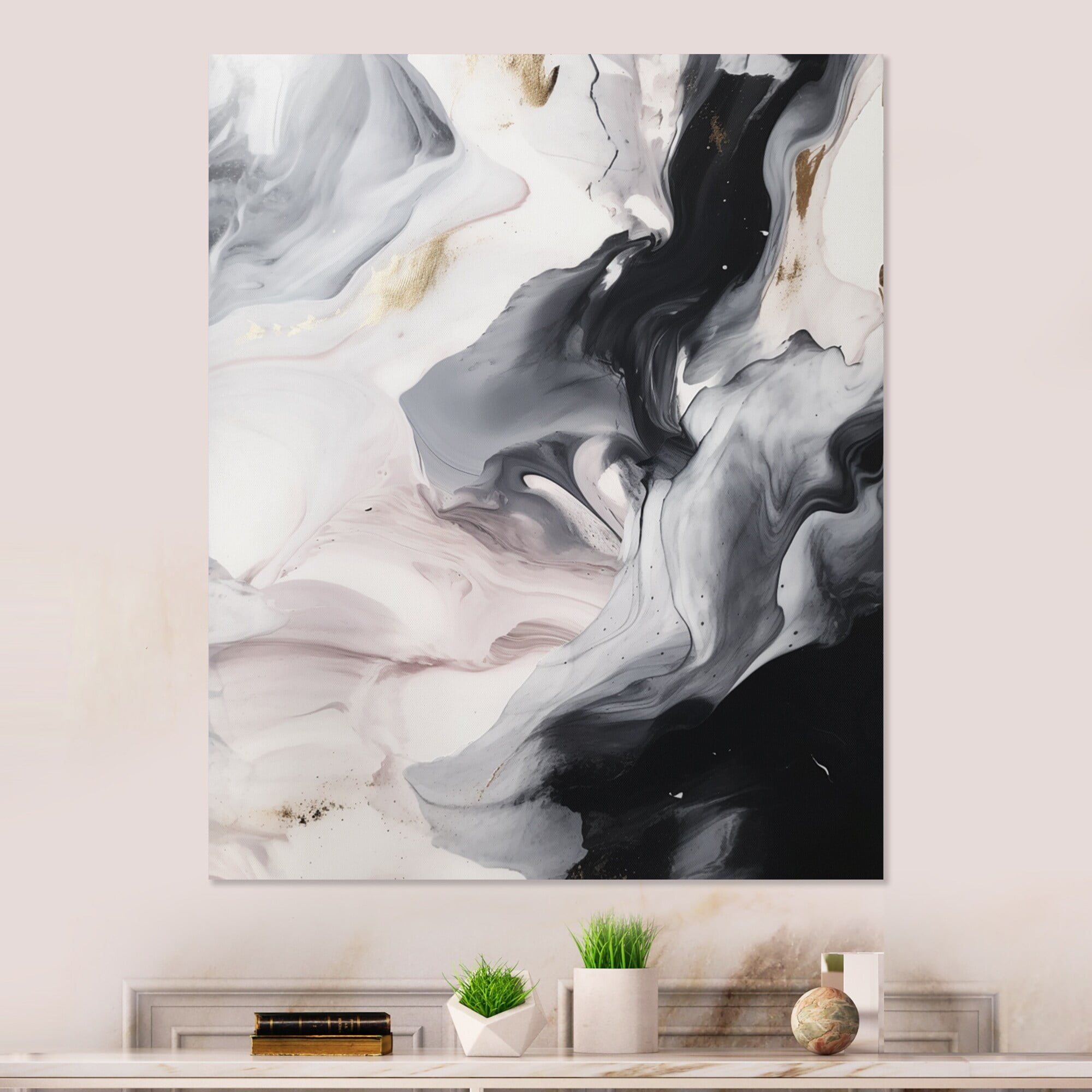 Designart "Ripples of Stone White and Grey III" Abstract Marble Metal ...