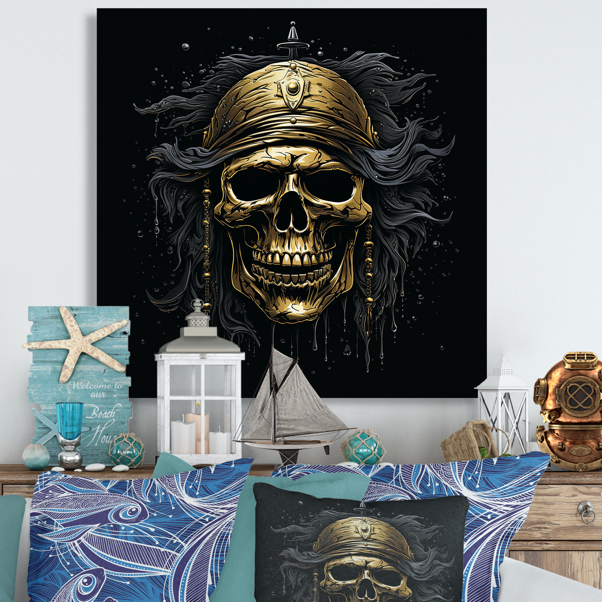 Designart "Rising Pirate Jolly Roger Symbol" Pirate Canvas Prints ...