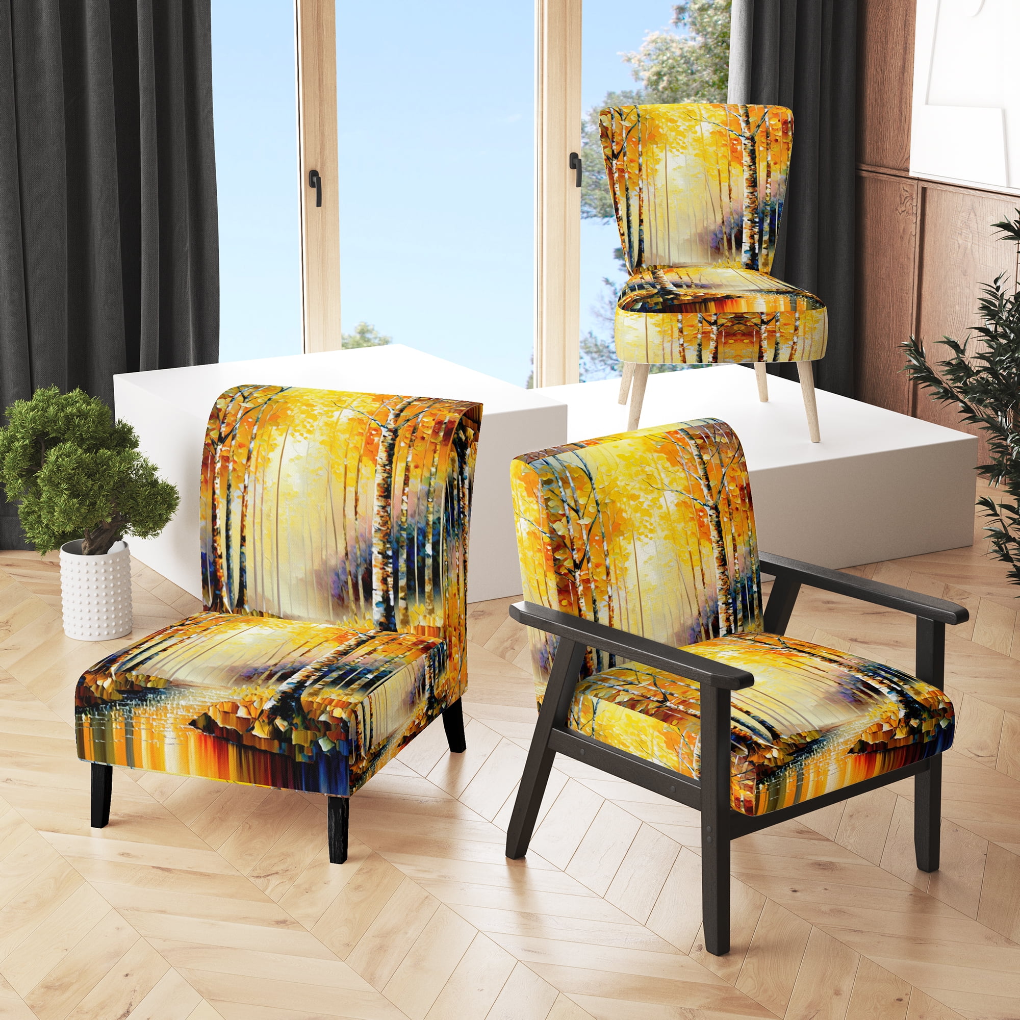 Designart "River Amidst a Golden Birch Forest" Yellow Birch Upholstered ...