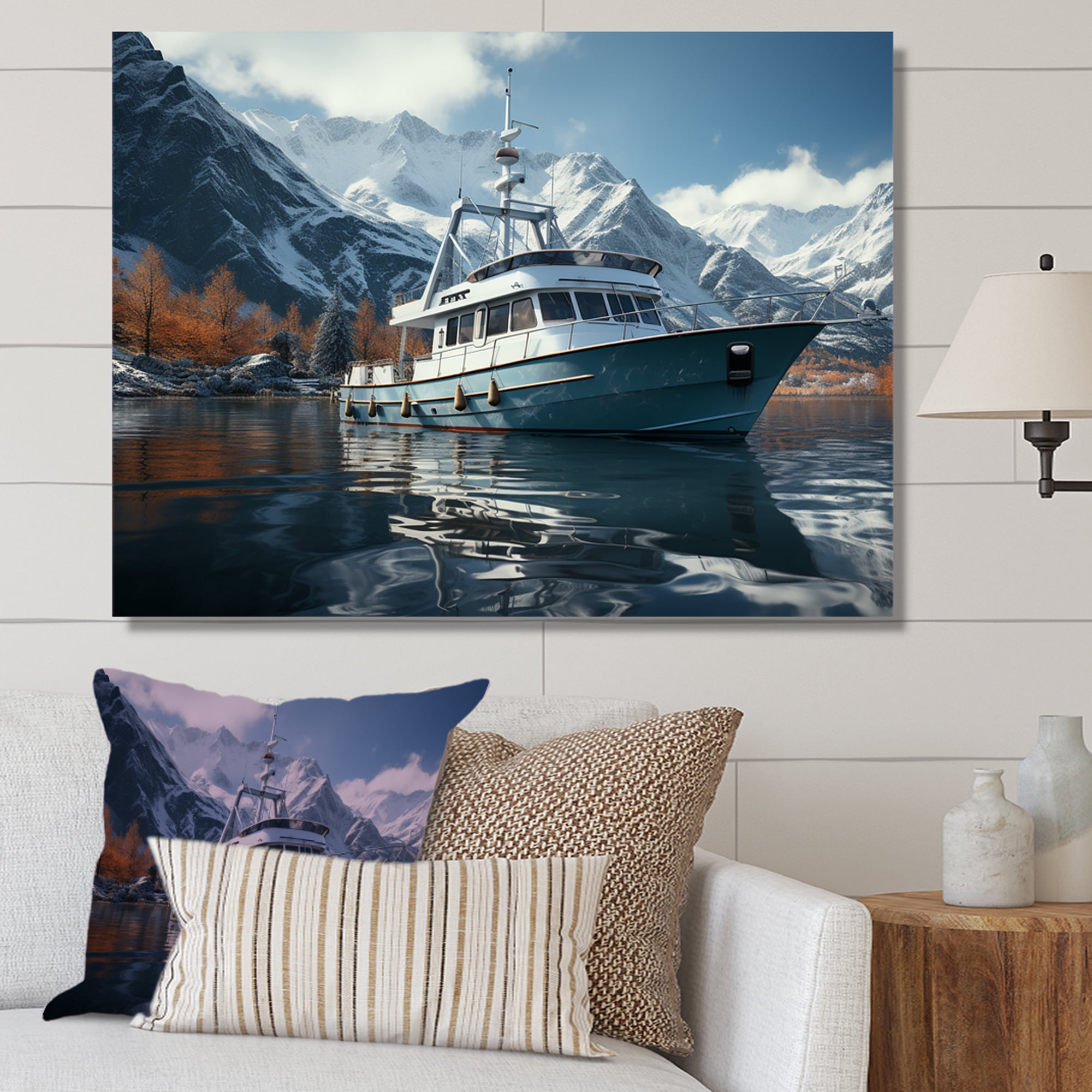 Designart "River Tranquility Red and White Fishing Boat I ...