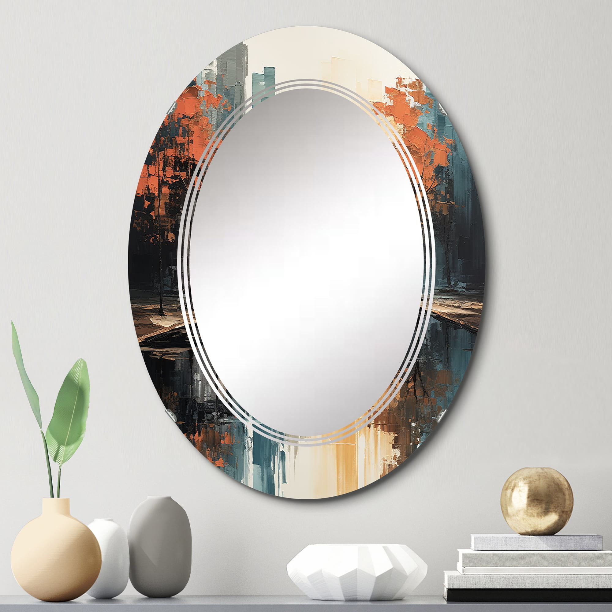 Designart "Riverside Reflection Orange Rivers painting I" Modern Round ...