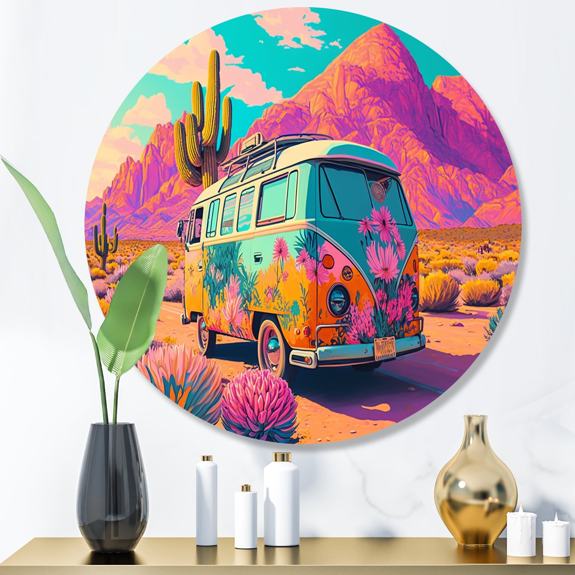 Designart "Roadside Memories Vintage Van IV" Retro Car Metal Round Art ...