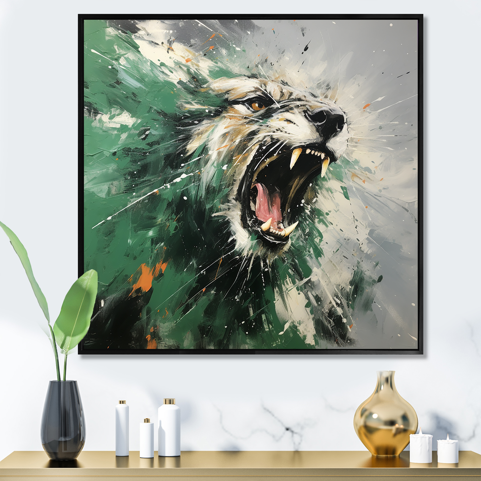 Designart "Roaring Lion with Grey and Green Charm" Animals Framed Wall ...