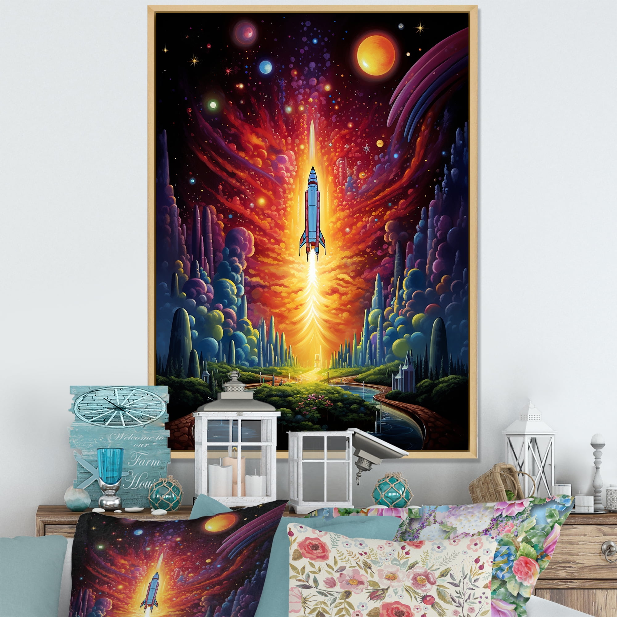 Designart "Rocketship Cosmic Dream " Rocketship Floater Framed Wall ...