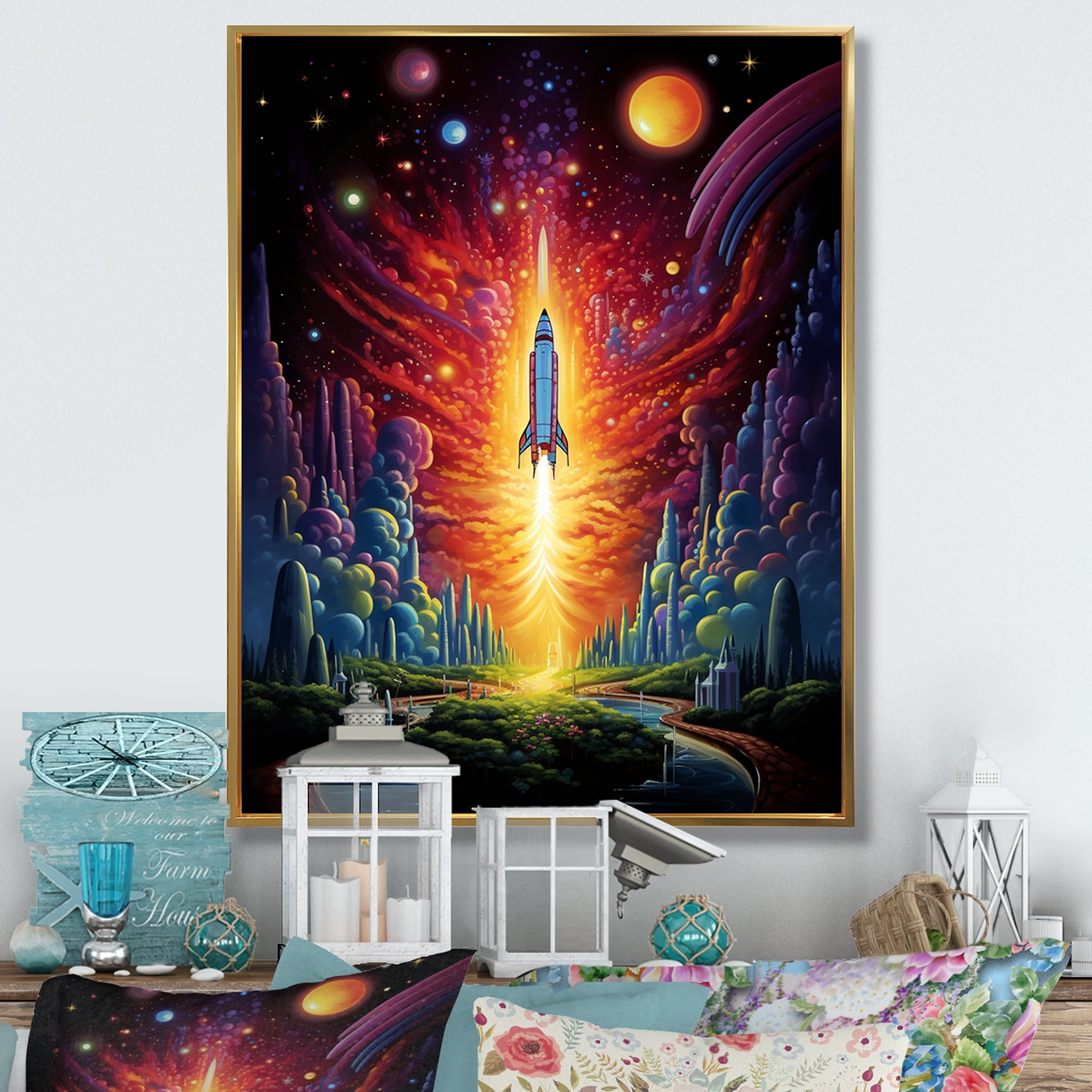Designart "Rocketship Cosmic Dream " Rocketship Floater Framed Wall ...