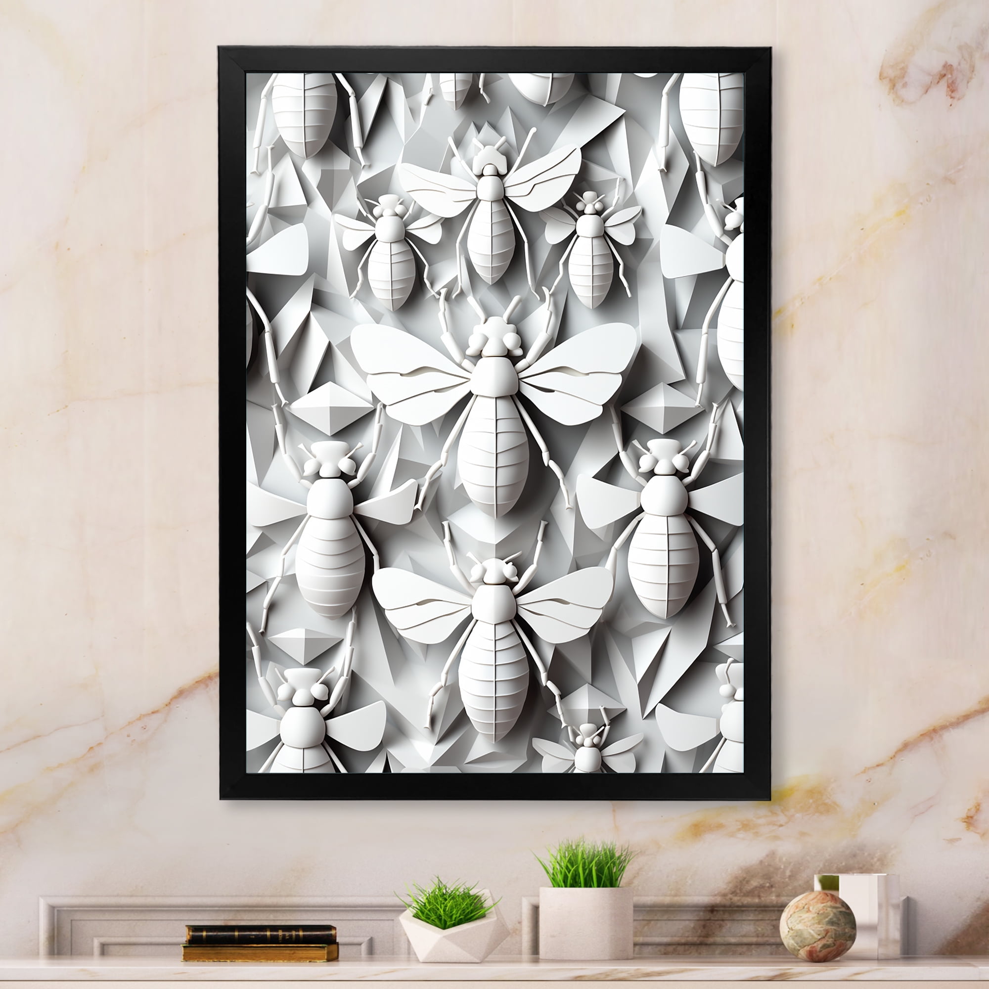 Designart "Rocks and Bugs in Black and Grey II" Animals Framed Wall Art ...