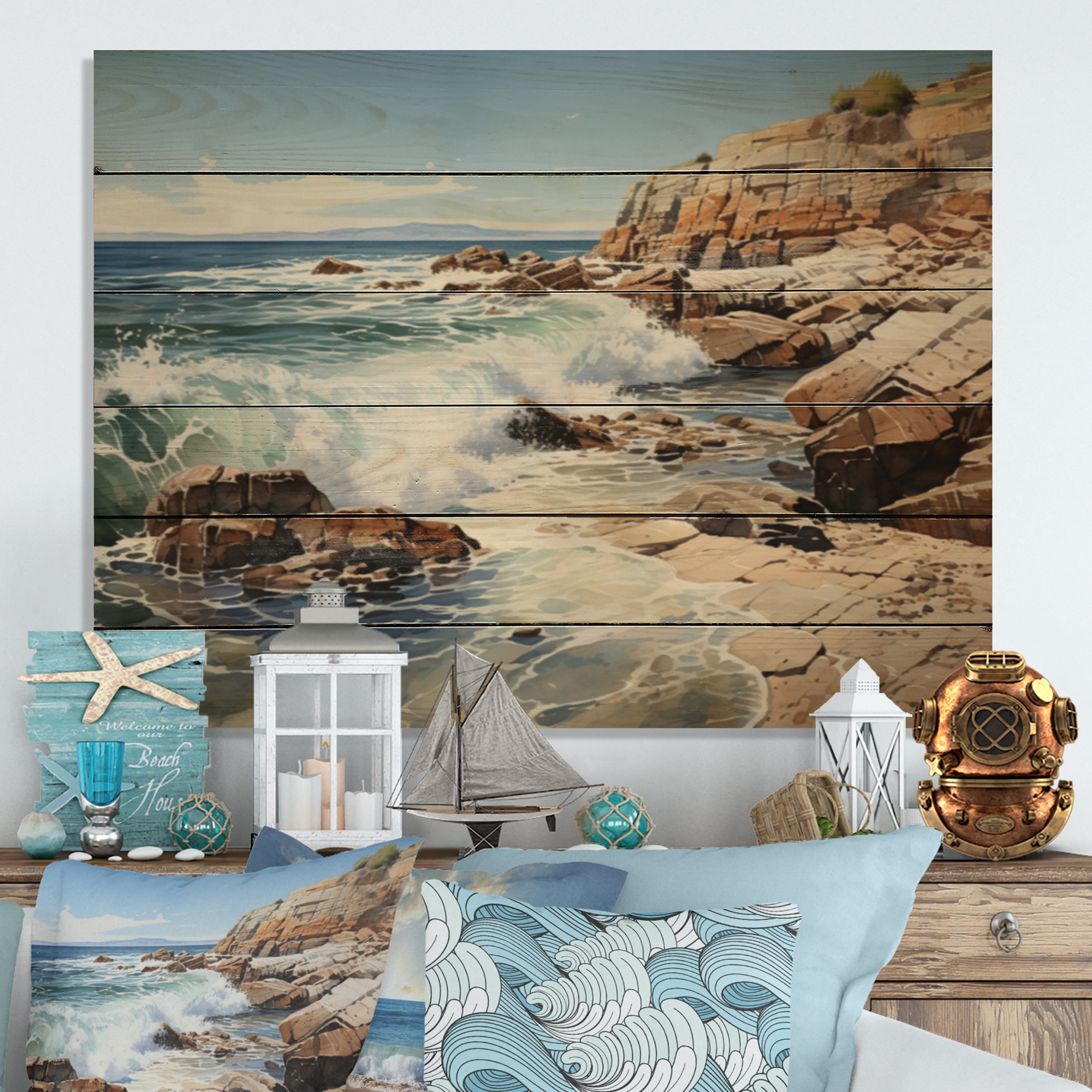 Designart "Rocky Textures Rocky Beach painting" Nautical & Beach Print ...