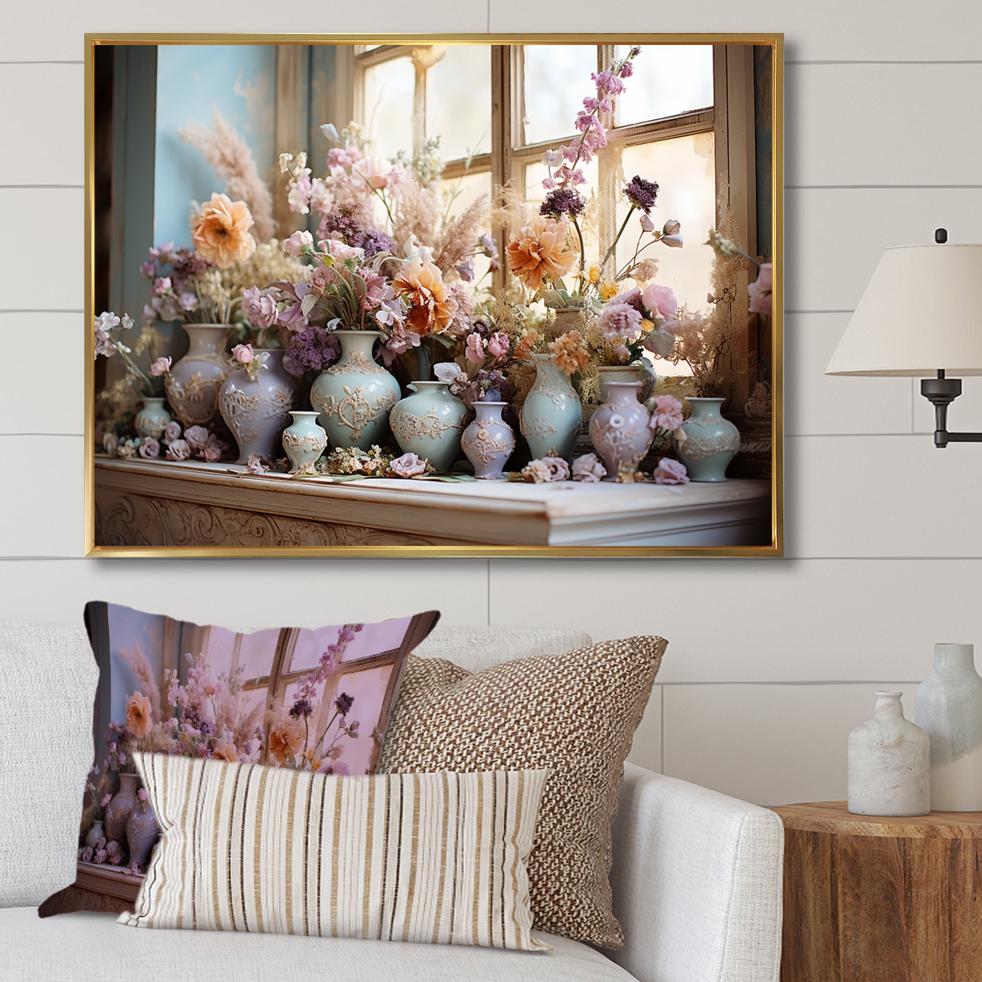 Designart "Rococo Haven with Purple Floral Pottery" Geometric Framed ...