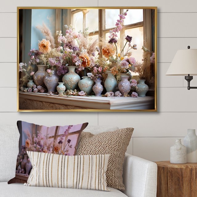 Designart "Rococo Haven with Purple Floral Pottery" Geometric Framed ...
