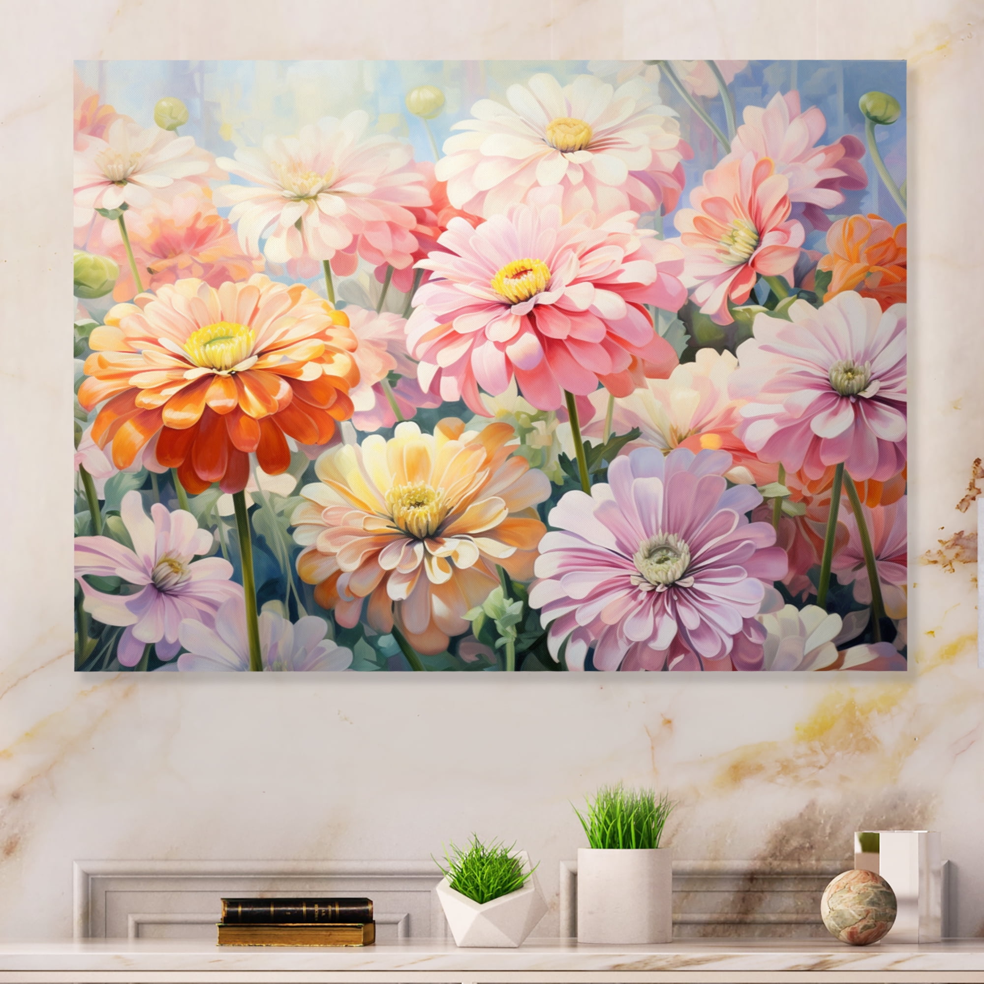 Designart "Romantic Impression of Light-Colored Zinnias II" Zinnias ...