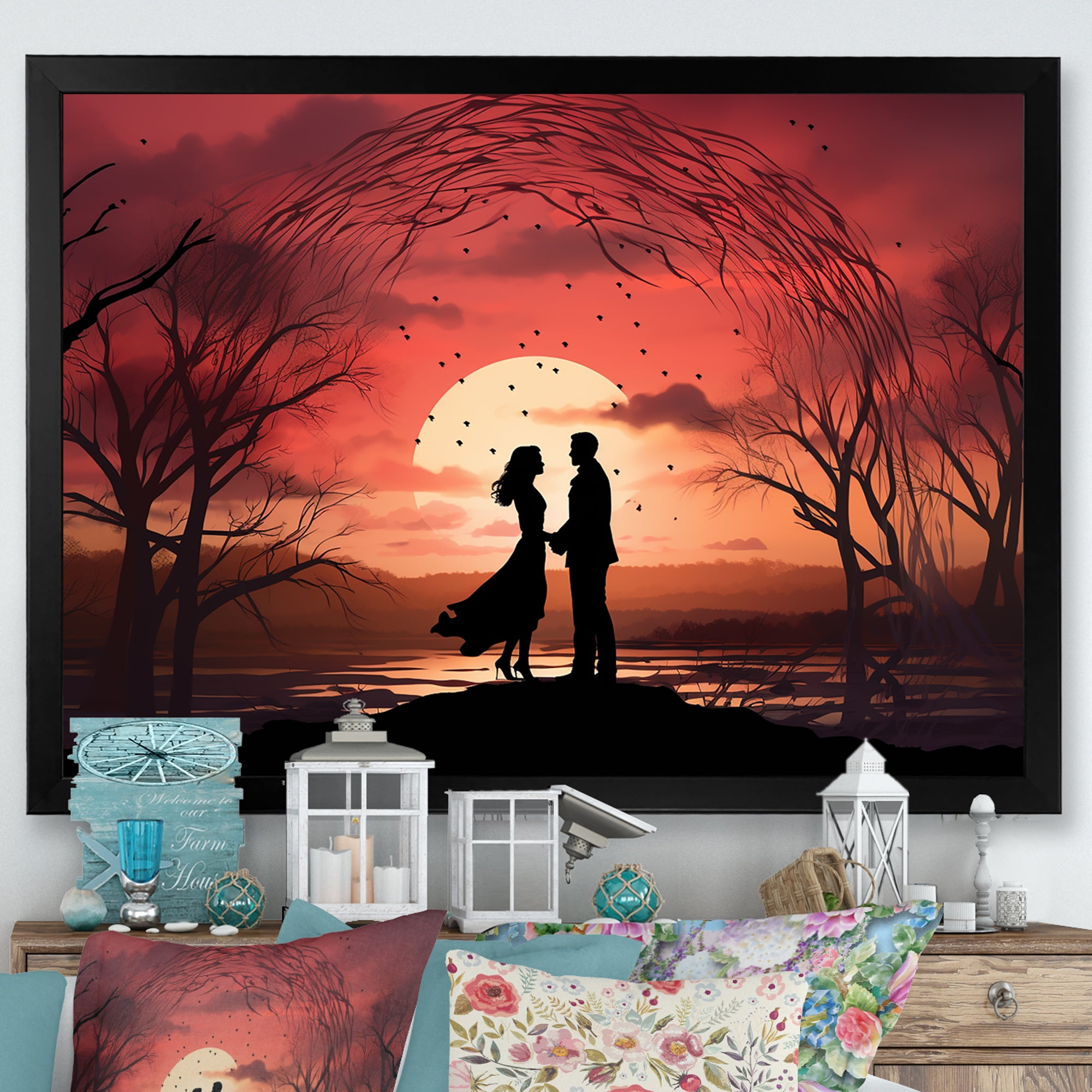Designart "Romantic Sunrise with Loving Red Couple" Landscapes Framed ...