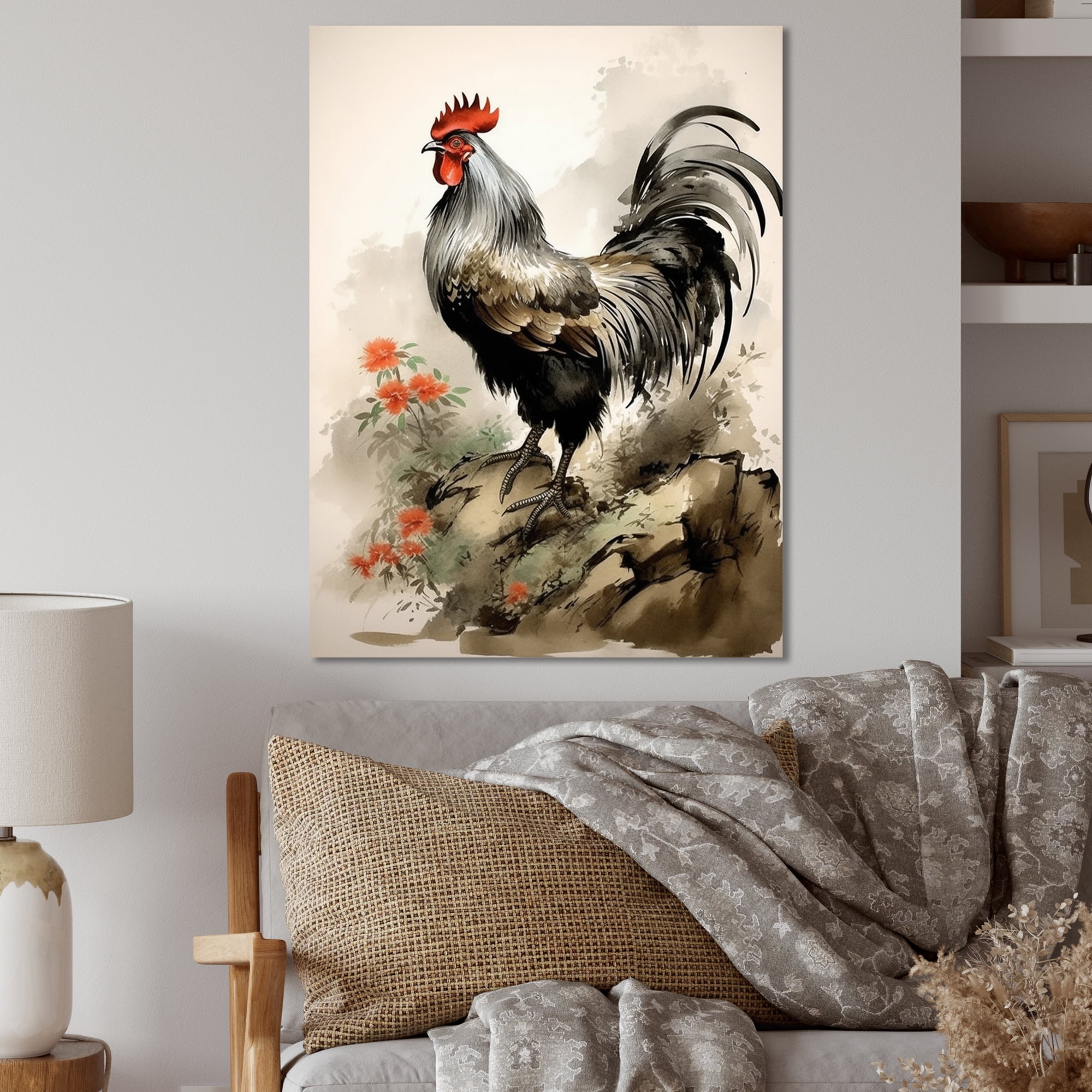 Designart "Rooster Sumi Asian Painting III" Asian Metal Wall Decor ...