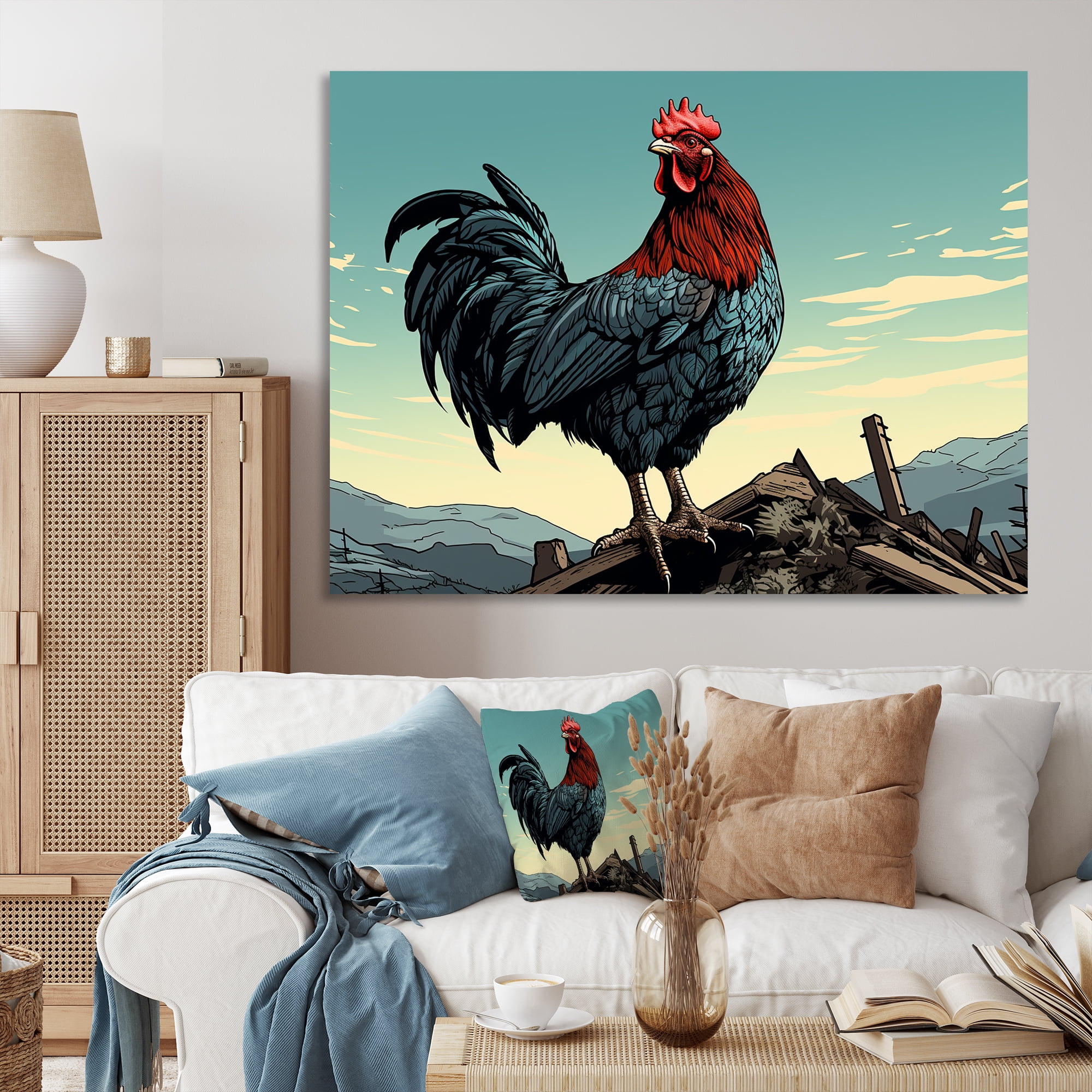 Designart "Rooster at Sunrise in the Farm" Animals Wall Art - Modern ...