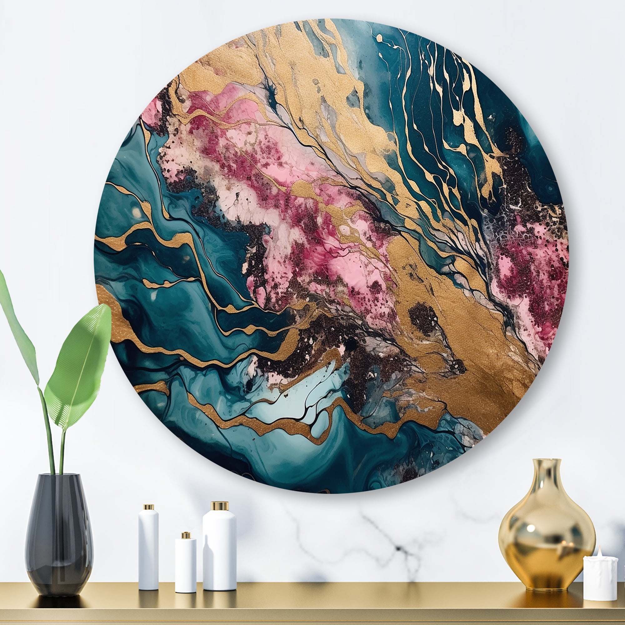 Designart "Rose Gold Geode Discovery II" Abstract Marble Metal Round ...