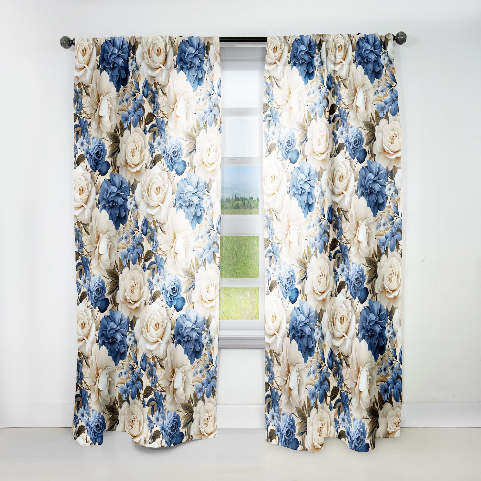 Designart "Roses Of Cobalt Blue Renaissance VI" Floral Curtain Panels ...