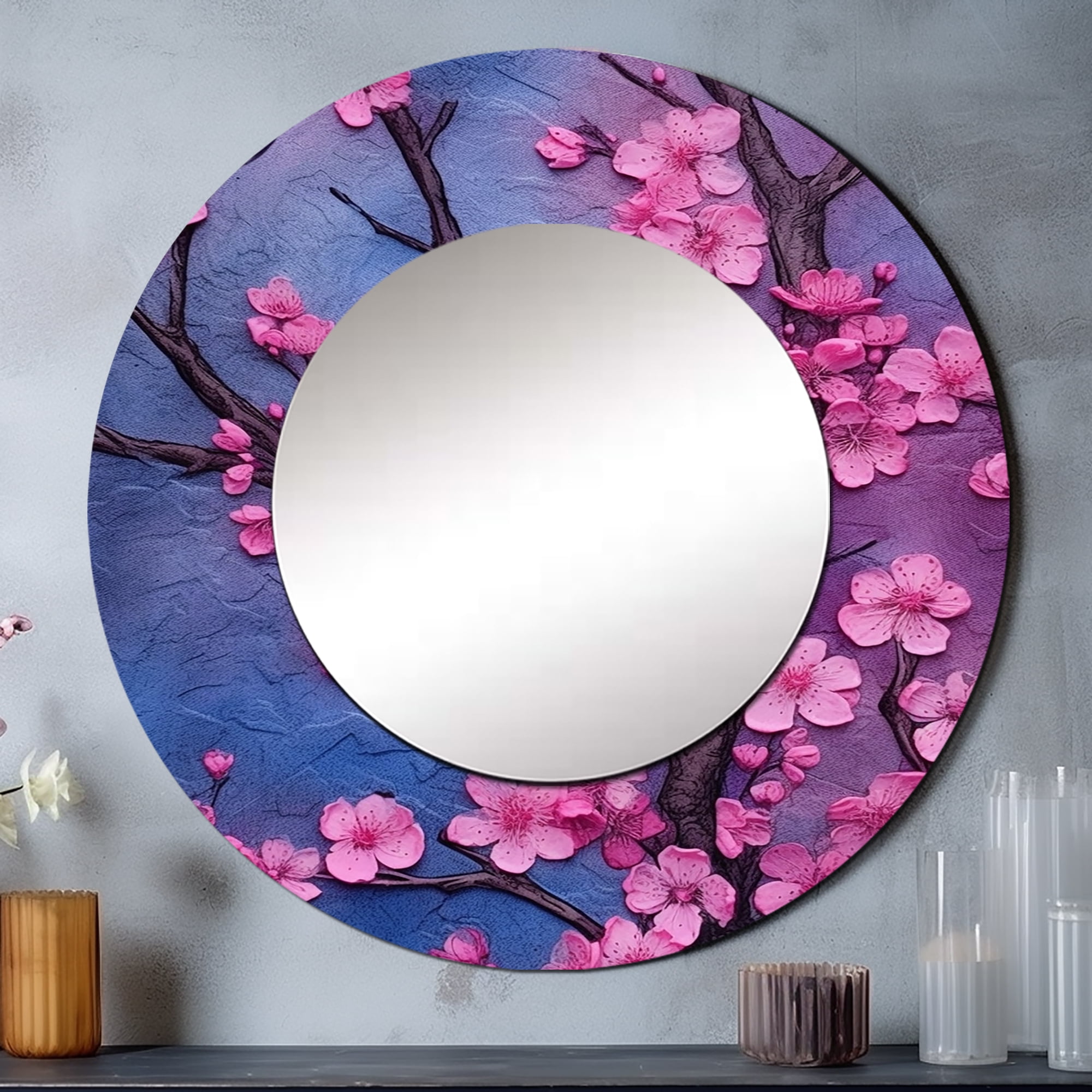 Designart "Rosy And Azure Cherry Blossoms Concert" Cherry Pink Large ...