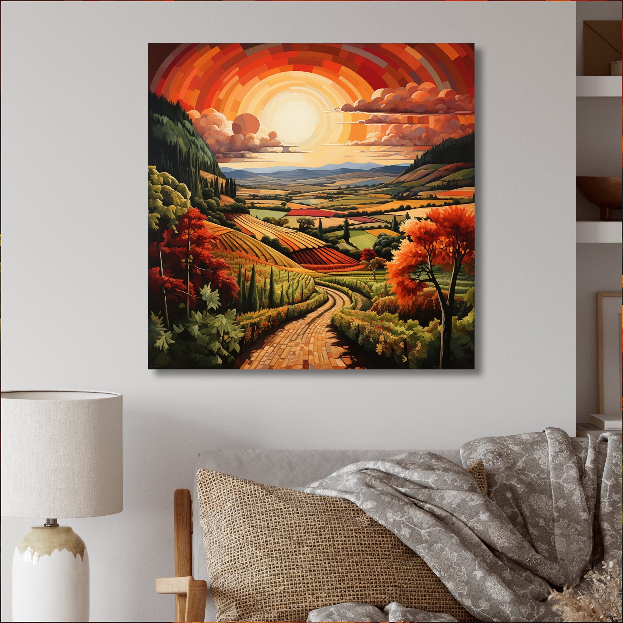 Designart "Rows of Ruby in Orange and Green Vineyard II" Farmhouse ...